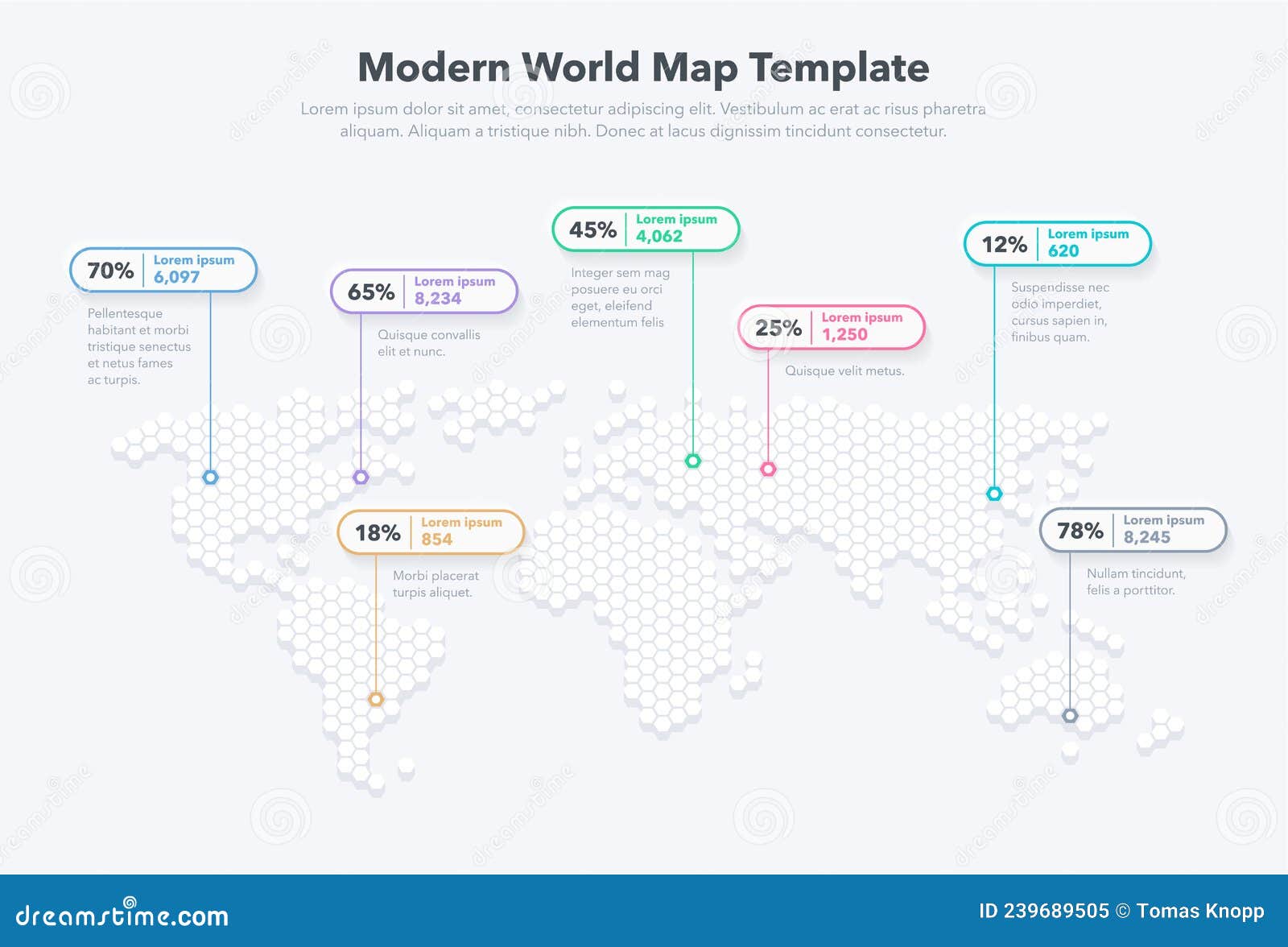 Modern World Map Template with Colorful Pointer Marks and Statistics ...