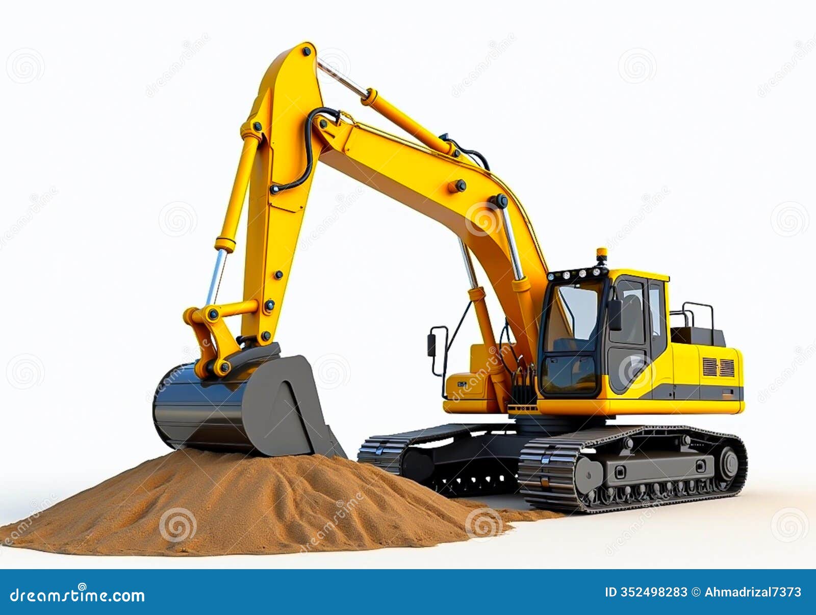 Modern Yellow Excavator Digging Sand Pile on White Background Stock ...
