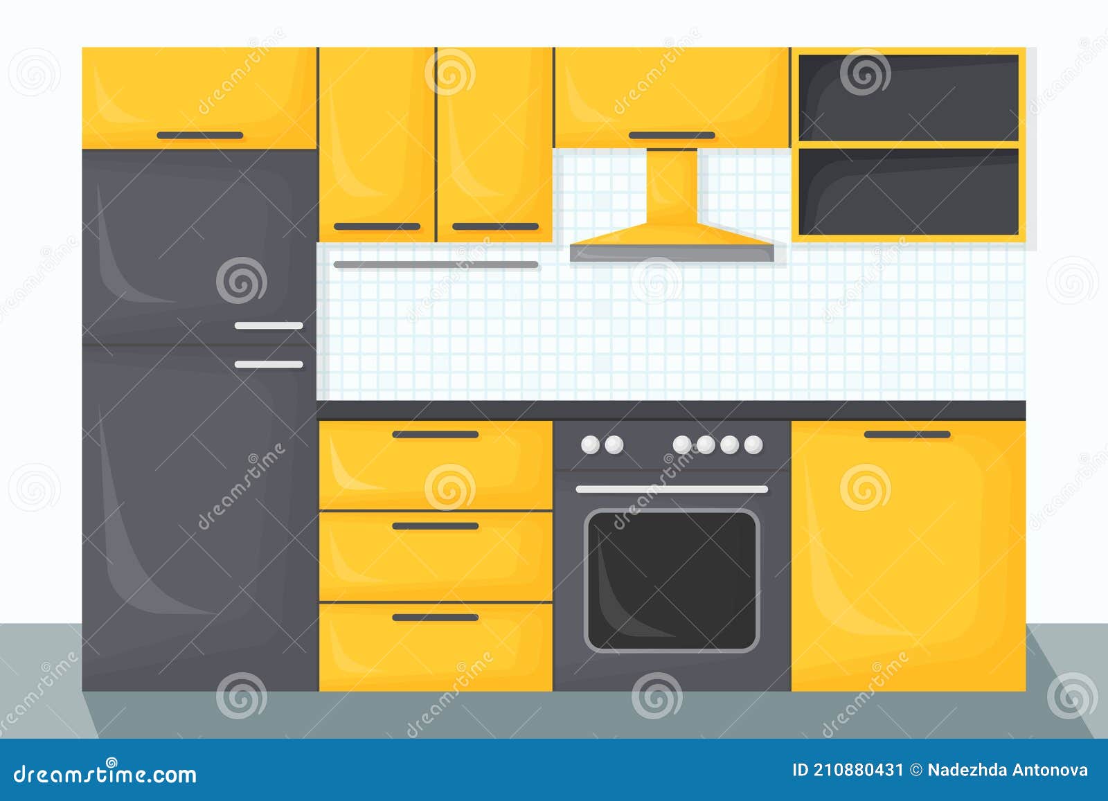 Modern Yellow Kitchen Interior in Cartoon Style Stock Vector ...