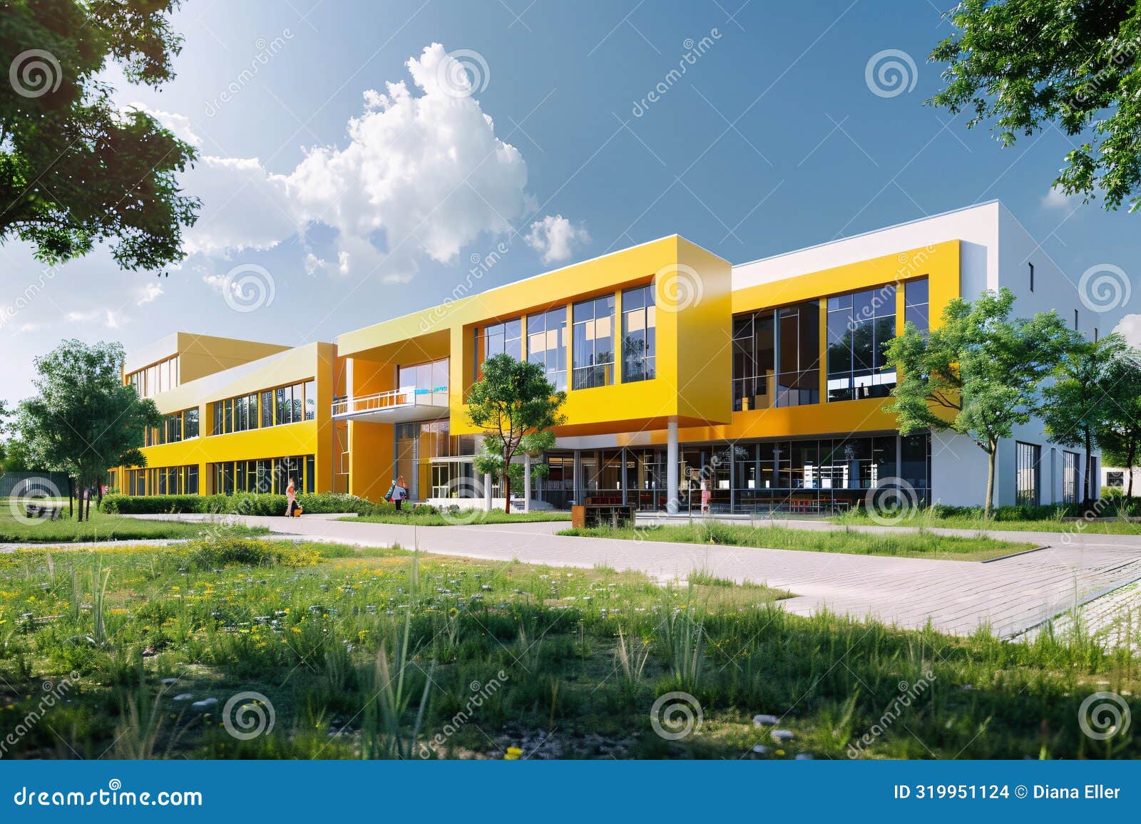 Modern Yellow School Building with Grass and Sky Stock Illustration ...
