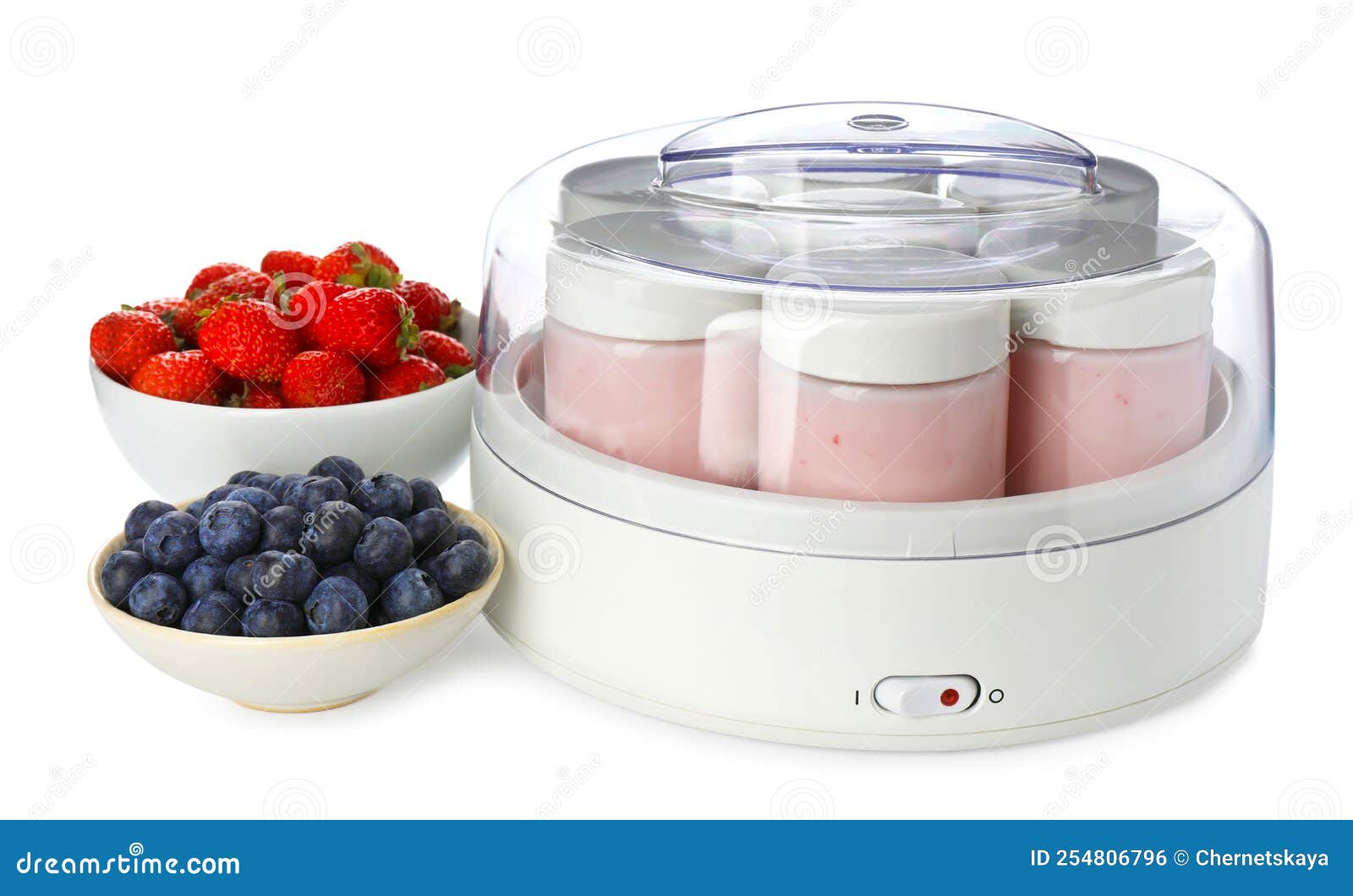 Modern Yogurt Maker with Full Jars and Berries on White Background ...