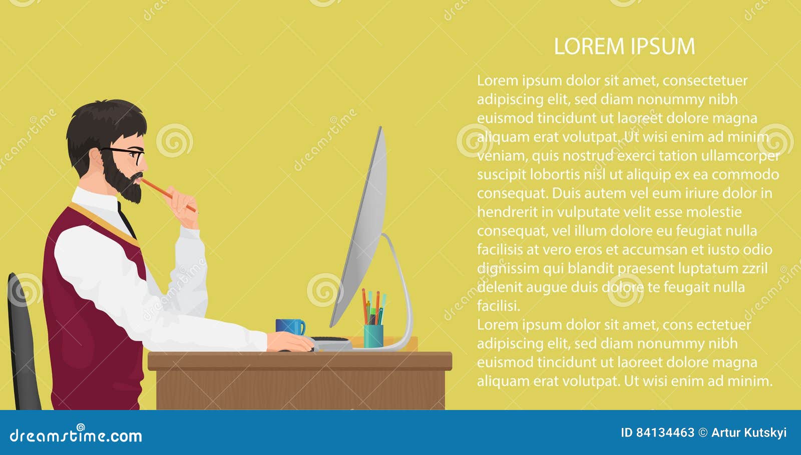 Modern Young Office Worker Using Computer. Front View. Businessman ...