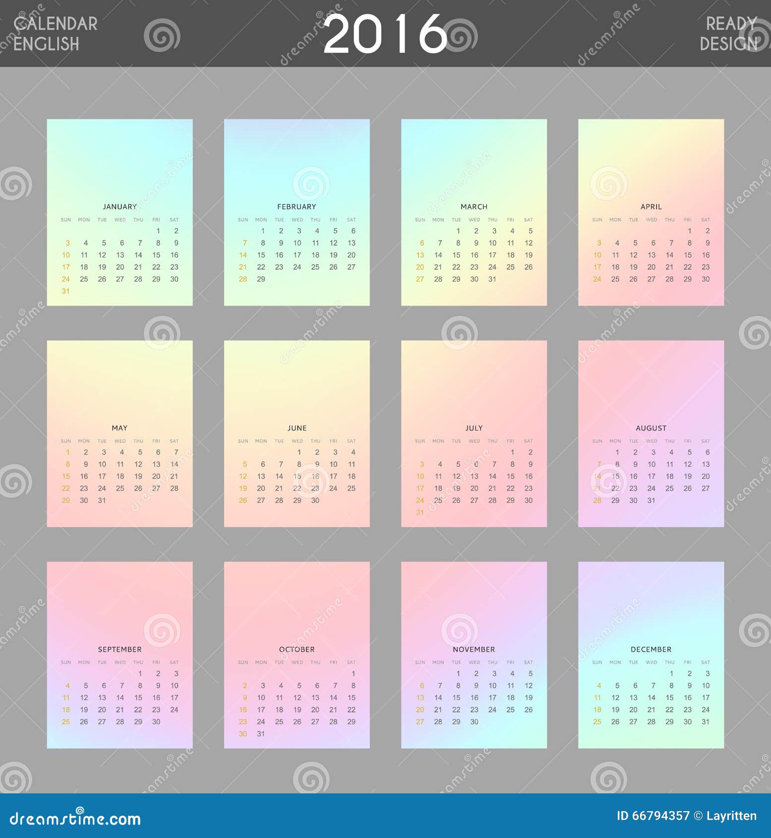 Moderner Kalender 2016 Mit Buntem Hologramm Auf Englisch Vektor ...