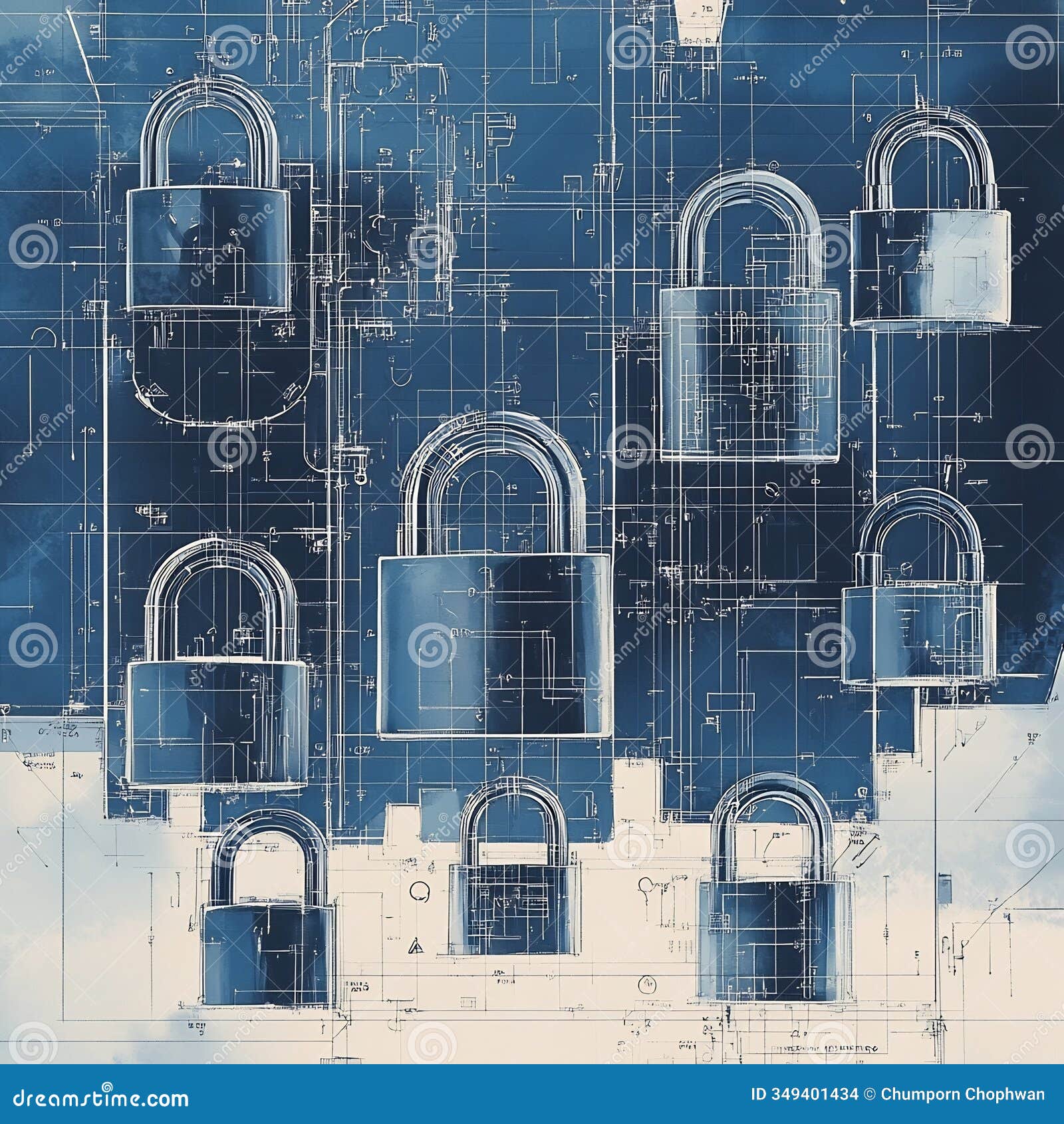 Modernist Padlock Skyscrapers Intricately Linked on Technical Blueprint ...
