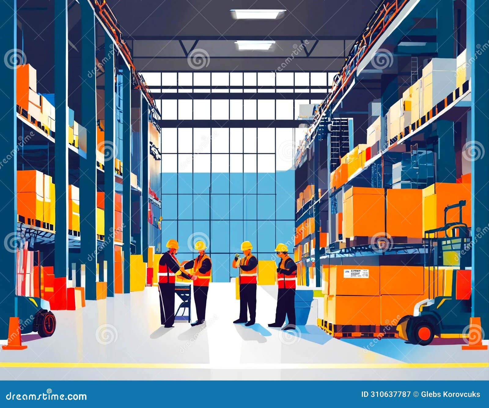 Modernly Designed and Equipped Warehouse with Workers during a Workday ...