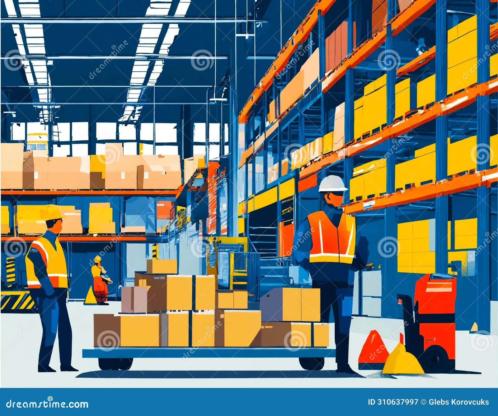 Modernly Designed and Equipped Warehouse with Workers during a Workday ...