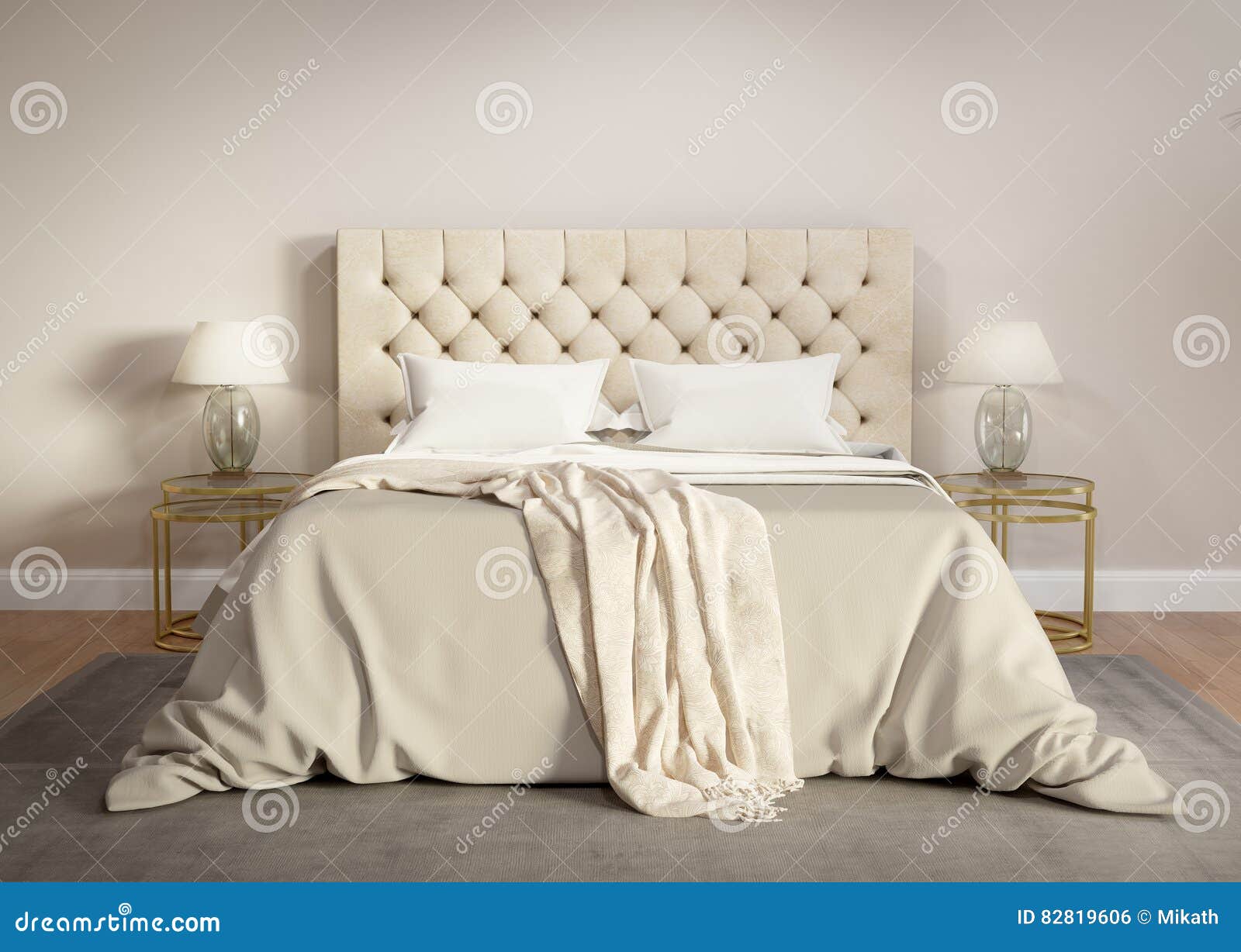 Modernt Beige Sovrum Med Den Gråa Filten Arkivfoto - Bild av globalt ...