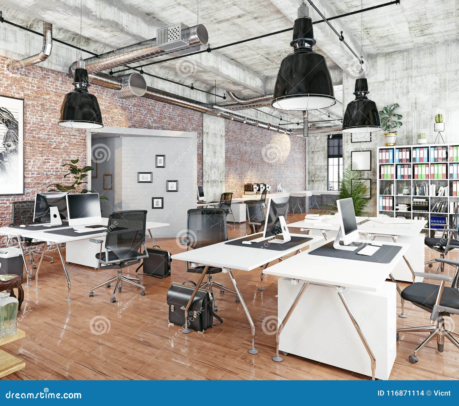 Modernt coworking kontor stock illustrationer. Illustration av tegel ...