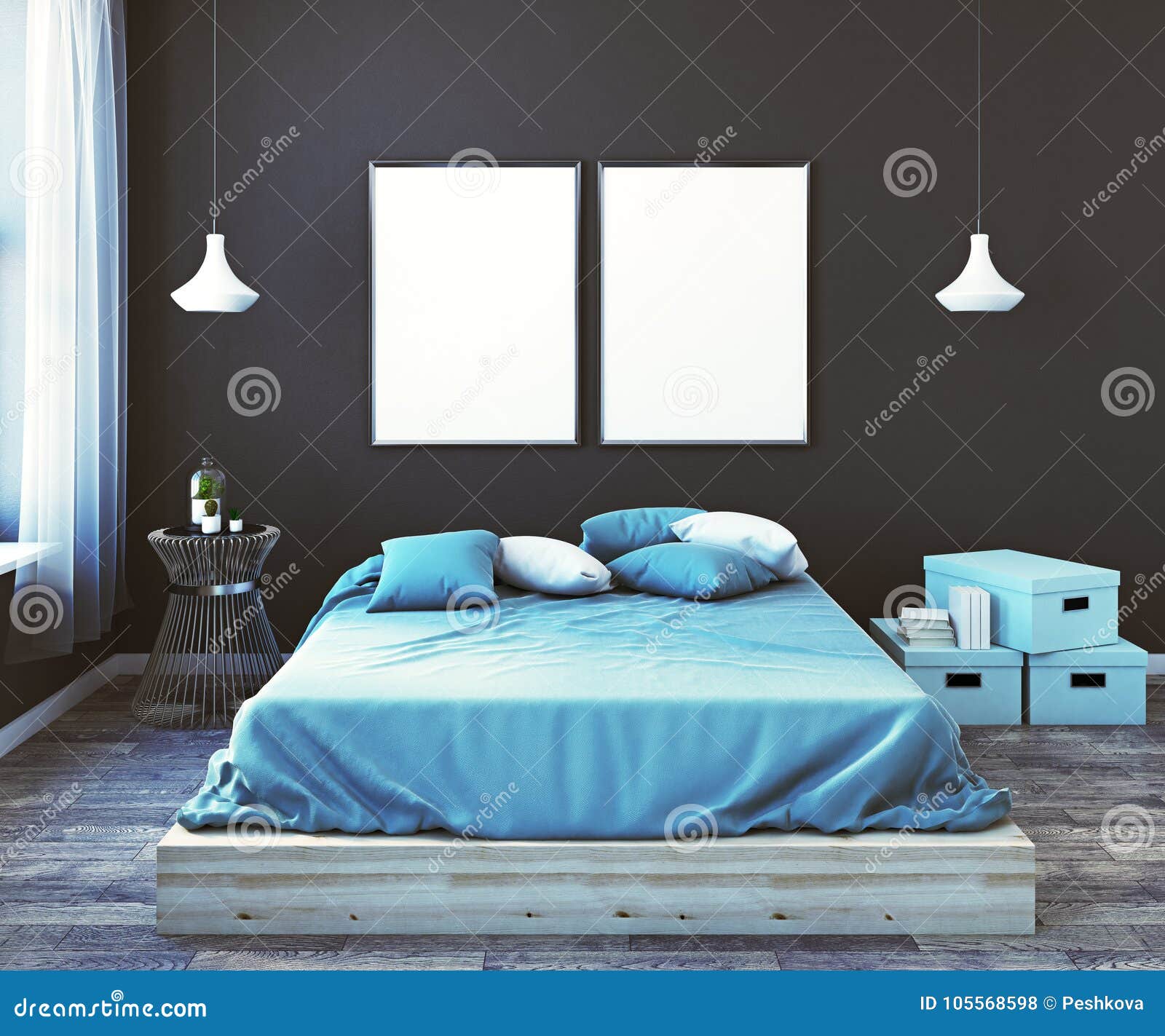 Modernt Manligt Sovrum Med Den Tomma Banerframdelen Stock ...