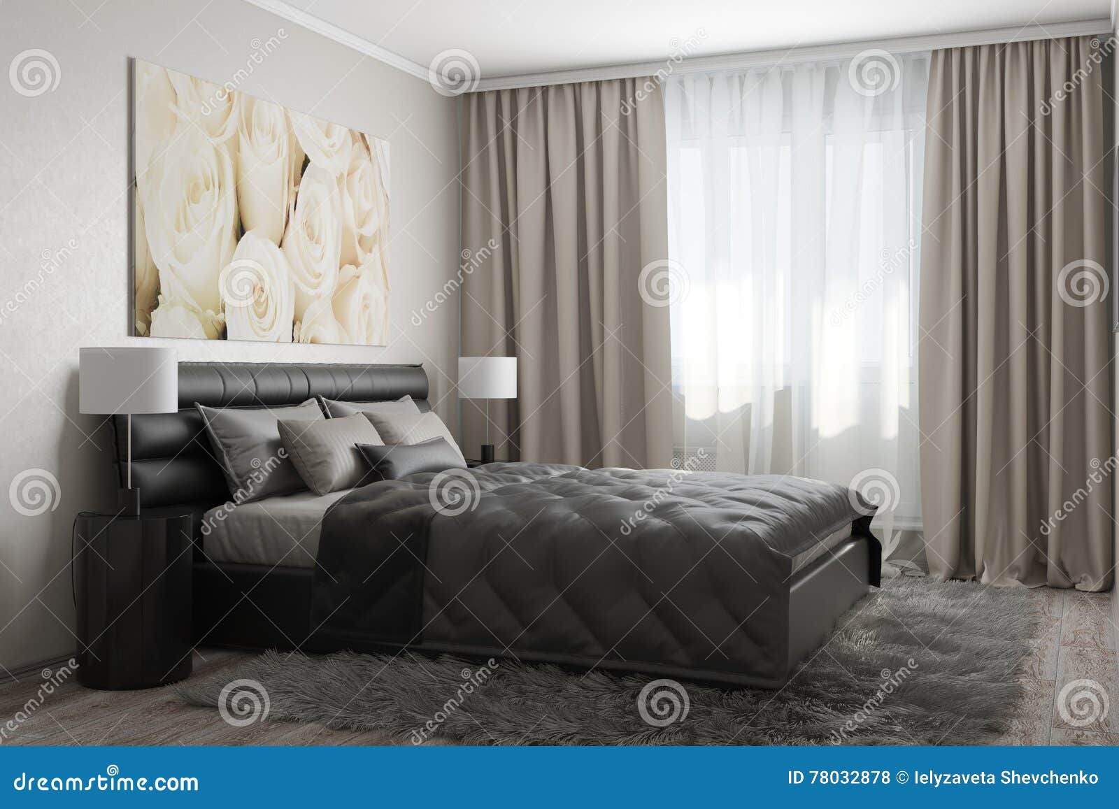 Modernt Sovrum Med Vita Rosor Stock Illustrationer - Illustration av ...