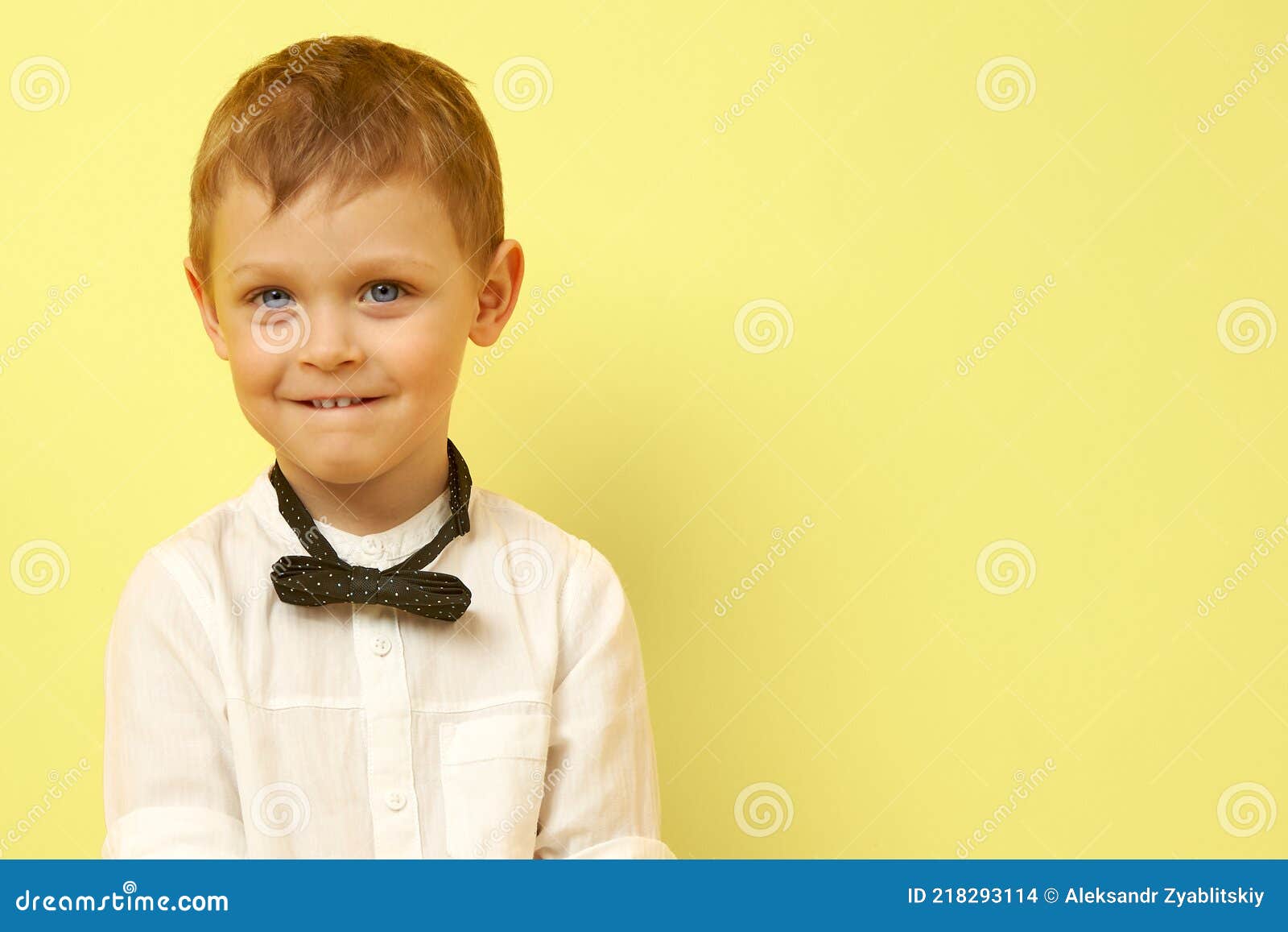 The Modest Boy in the Bow Tie Smiles Biting His Lower Lip Stock Photo ...