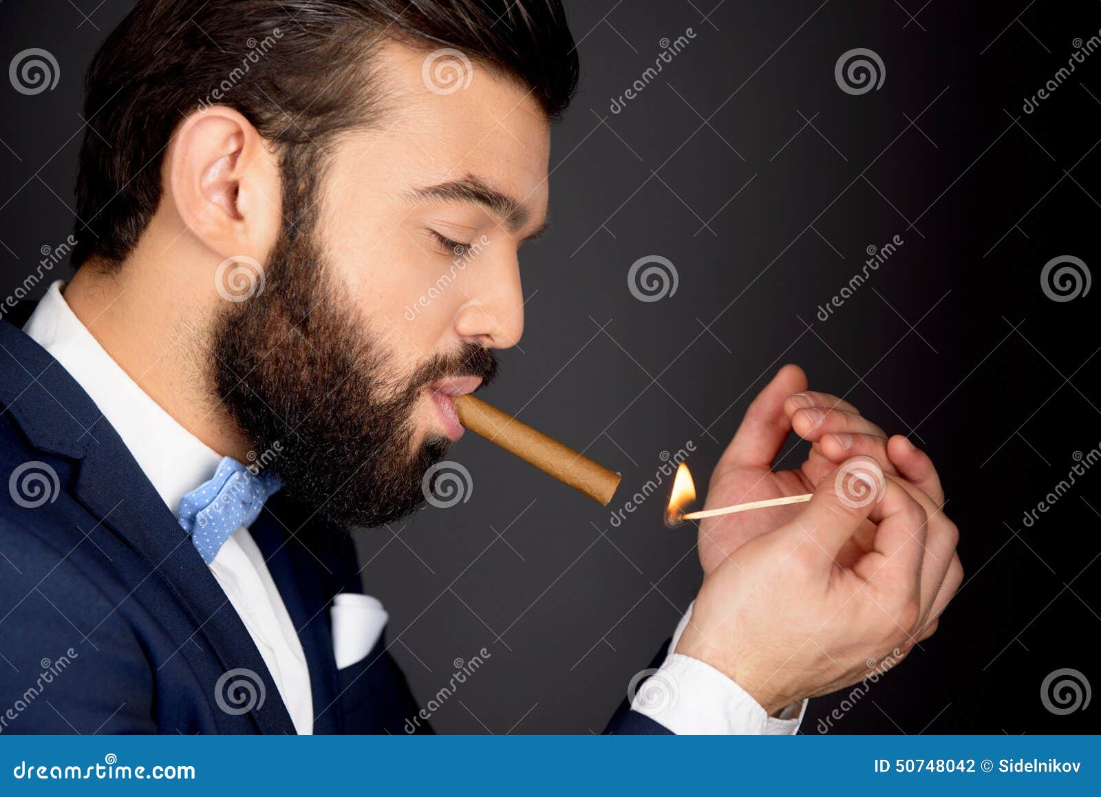 Modieuze Mens Met De Sigaar Van De Baardverlichting Stock Foto - Image ...