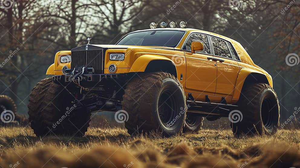 A Modified Yellow SUV with Oversized Tires in a Dramatic Outdoor ...