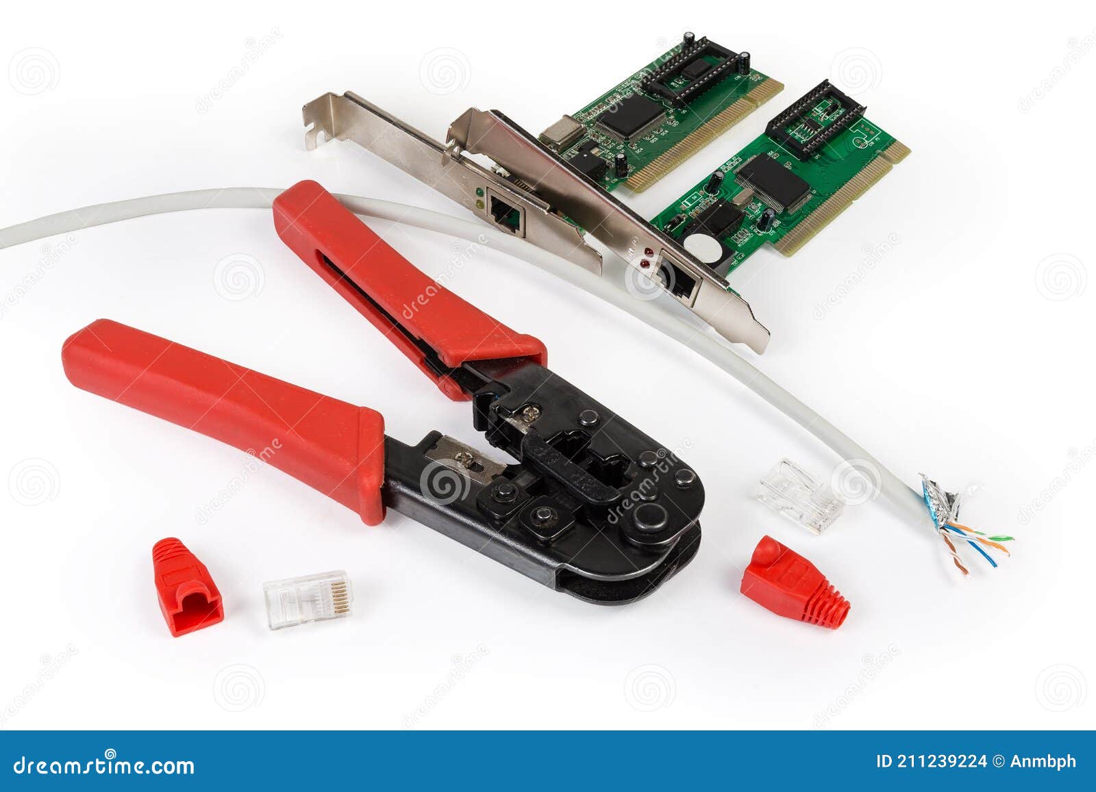 Modular Crimper Tool and Networking Equipment on a White Background ...