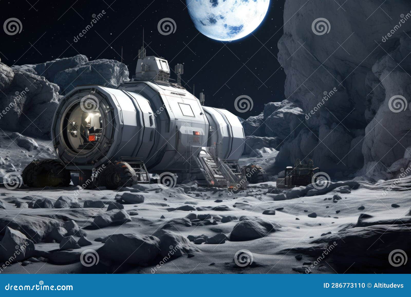 Modular Lunar Habitat Connected To a Rover on the Moons Surface Stock ...