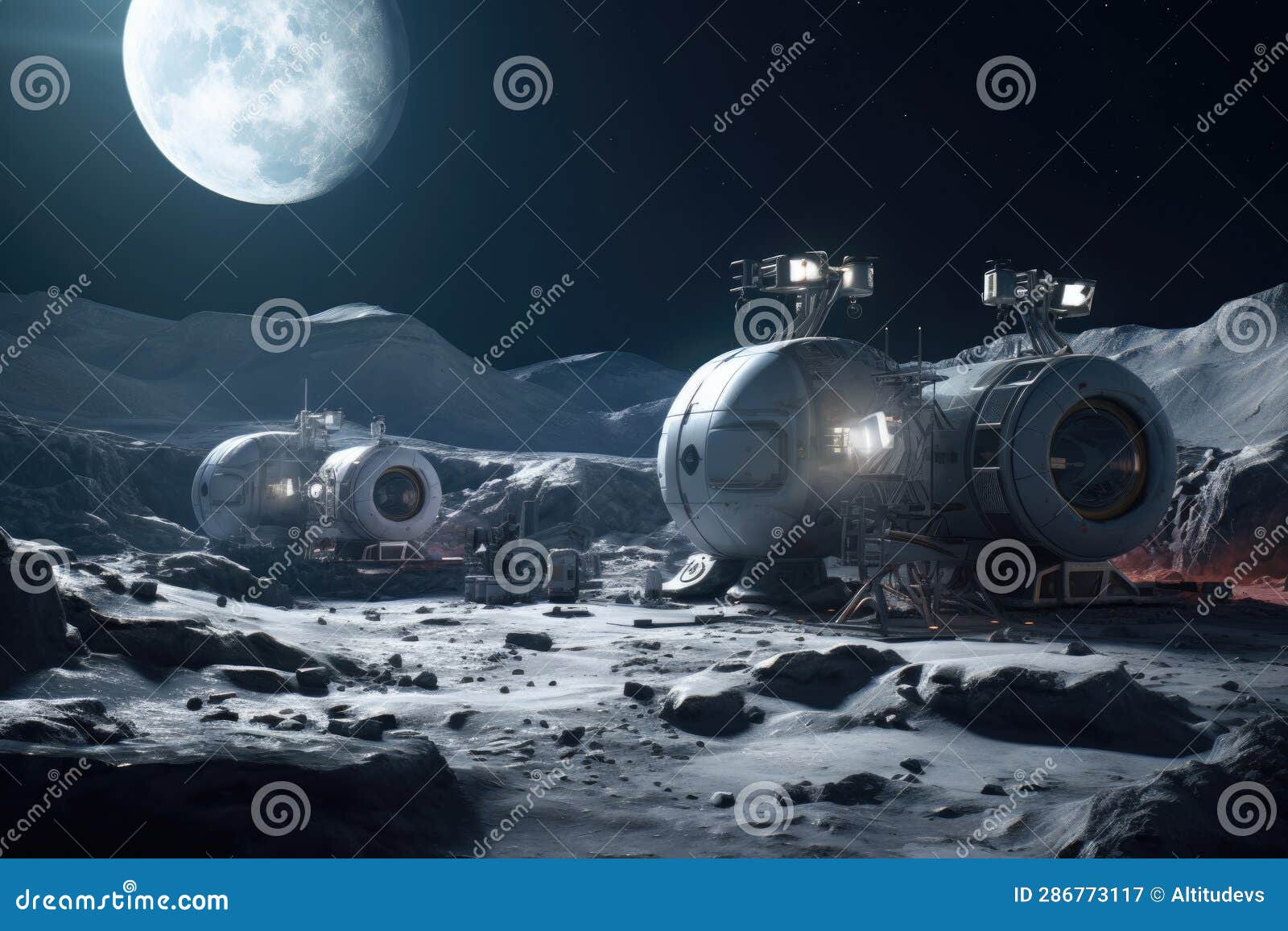 Modular Lunar Habitat Connected To a Rover on the Moons Surface Stock ...