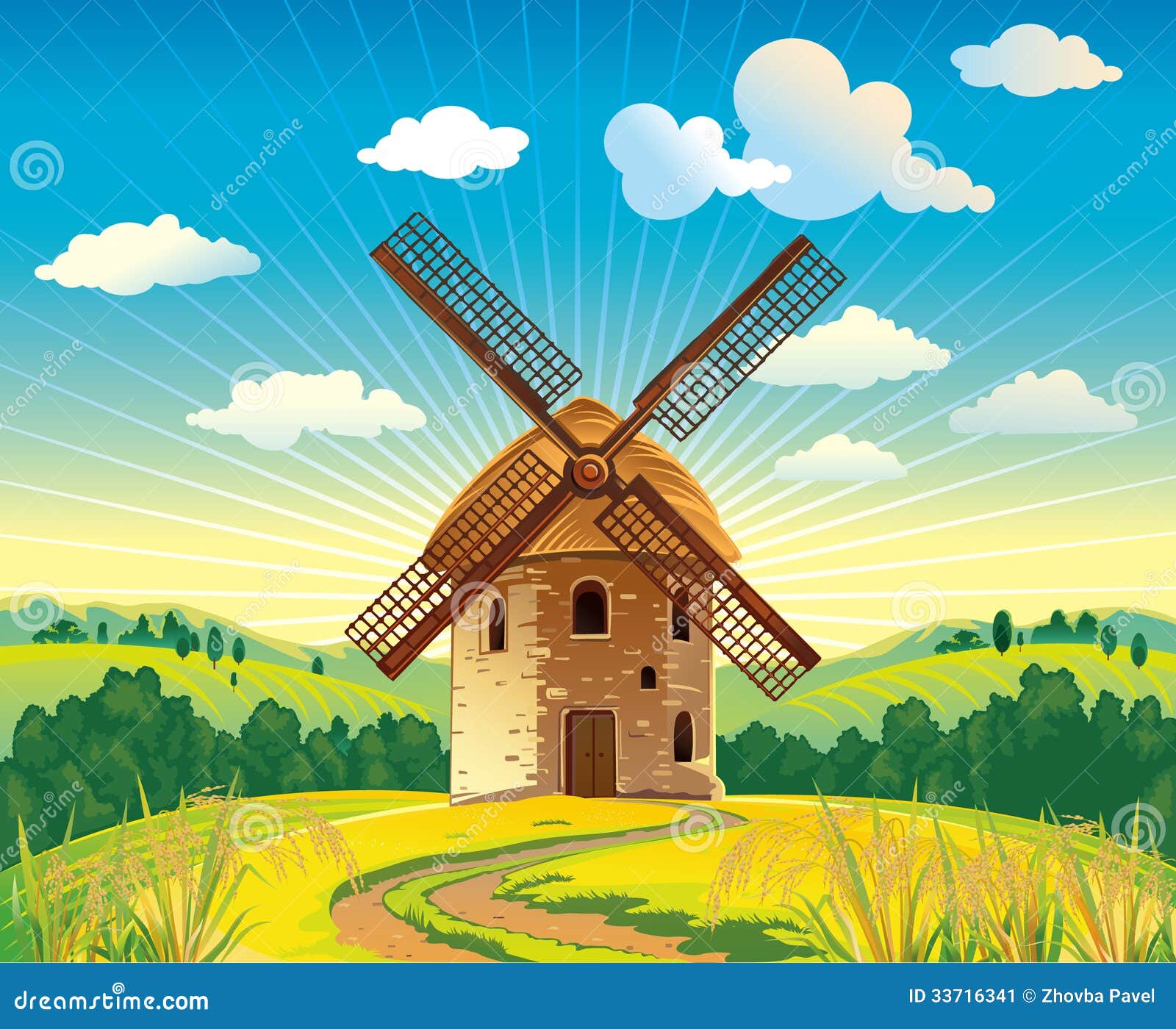 Moinho de vento ilustração do vetor. Ilustração de colheita - 33716341