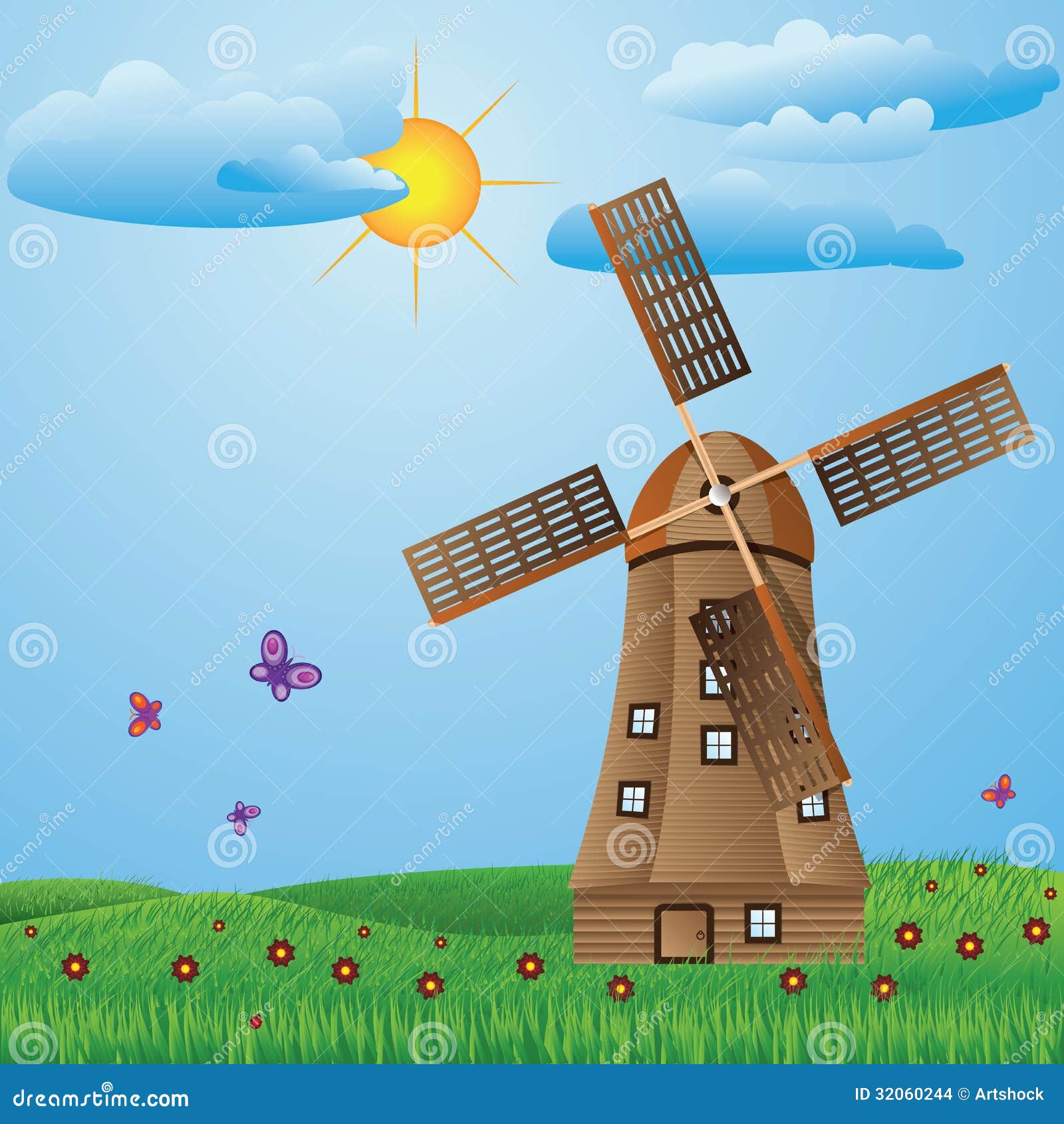 Moinho de vento no prado ilustração do vetor. Ilustração de casa - 32060244