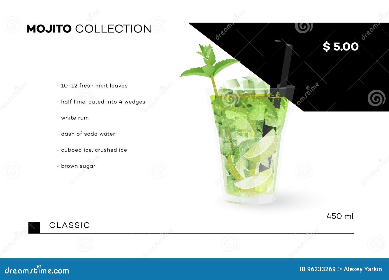 Mojito Collection. Vector Menu Template with Realistic Cocktail Stock ...