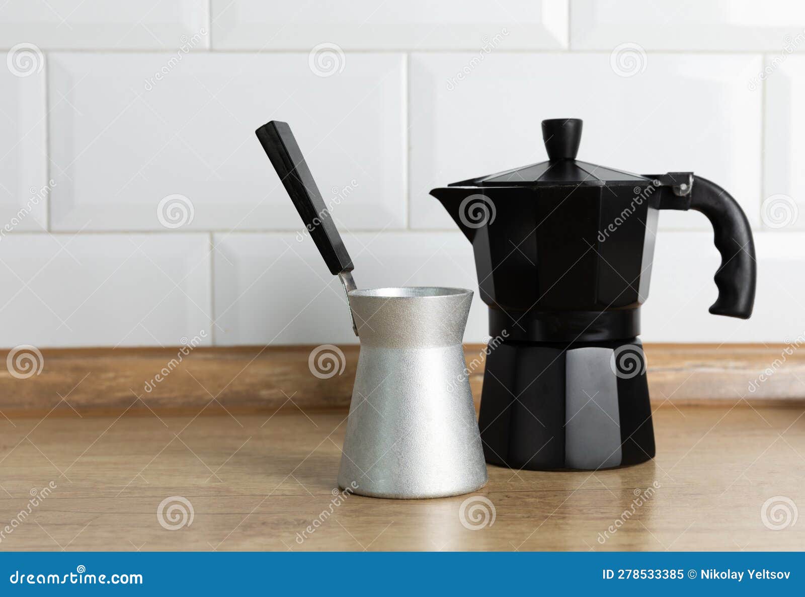 Moka Pot on the Background of the Kitchen. Stock Image - Image of ...