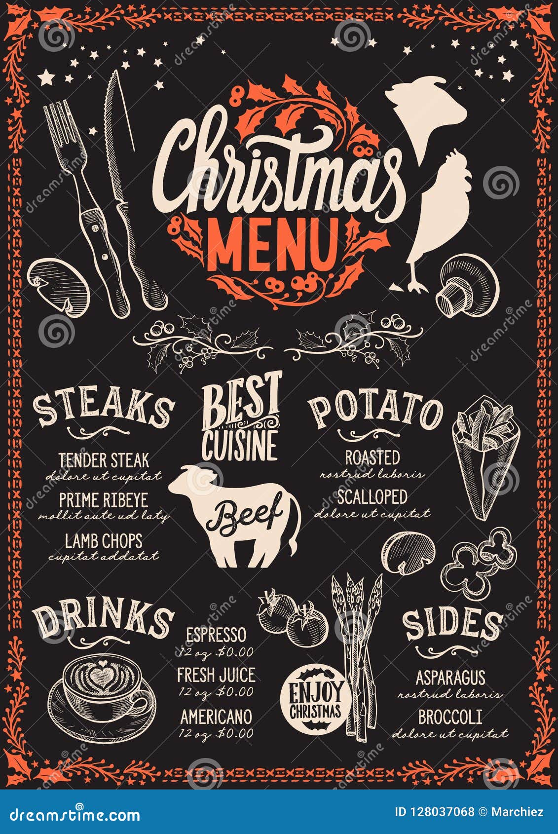 Molde Do Menu Do Natal Para O Restaurante Do Bife Ilustração do Vetor ...