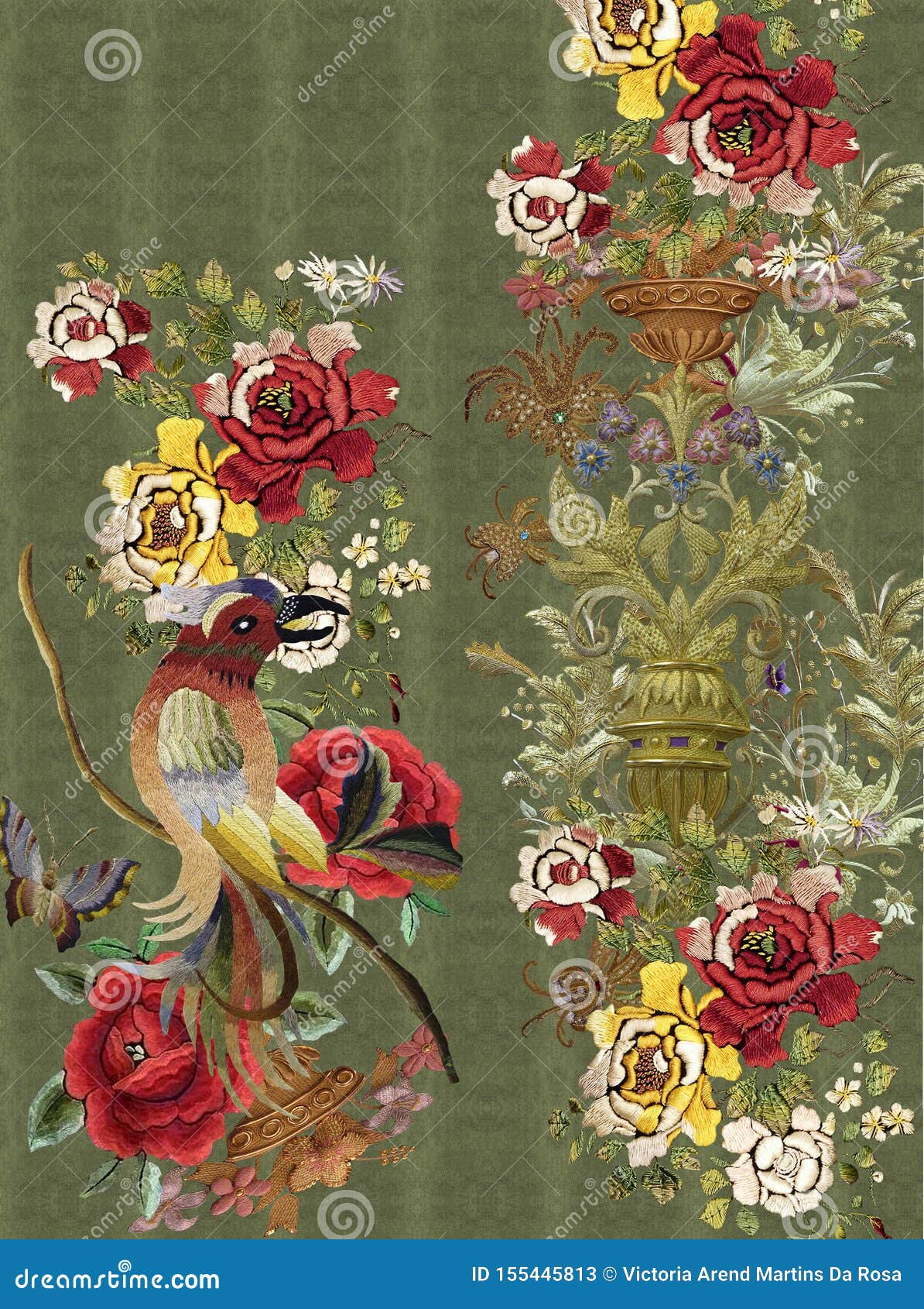 Flowers Embroidery Roses Red Yellow Bird Baroque Gold Stock ...