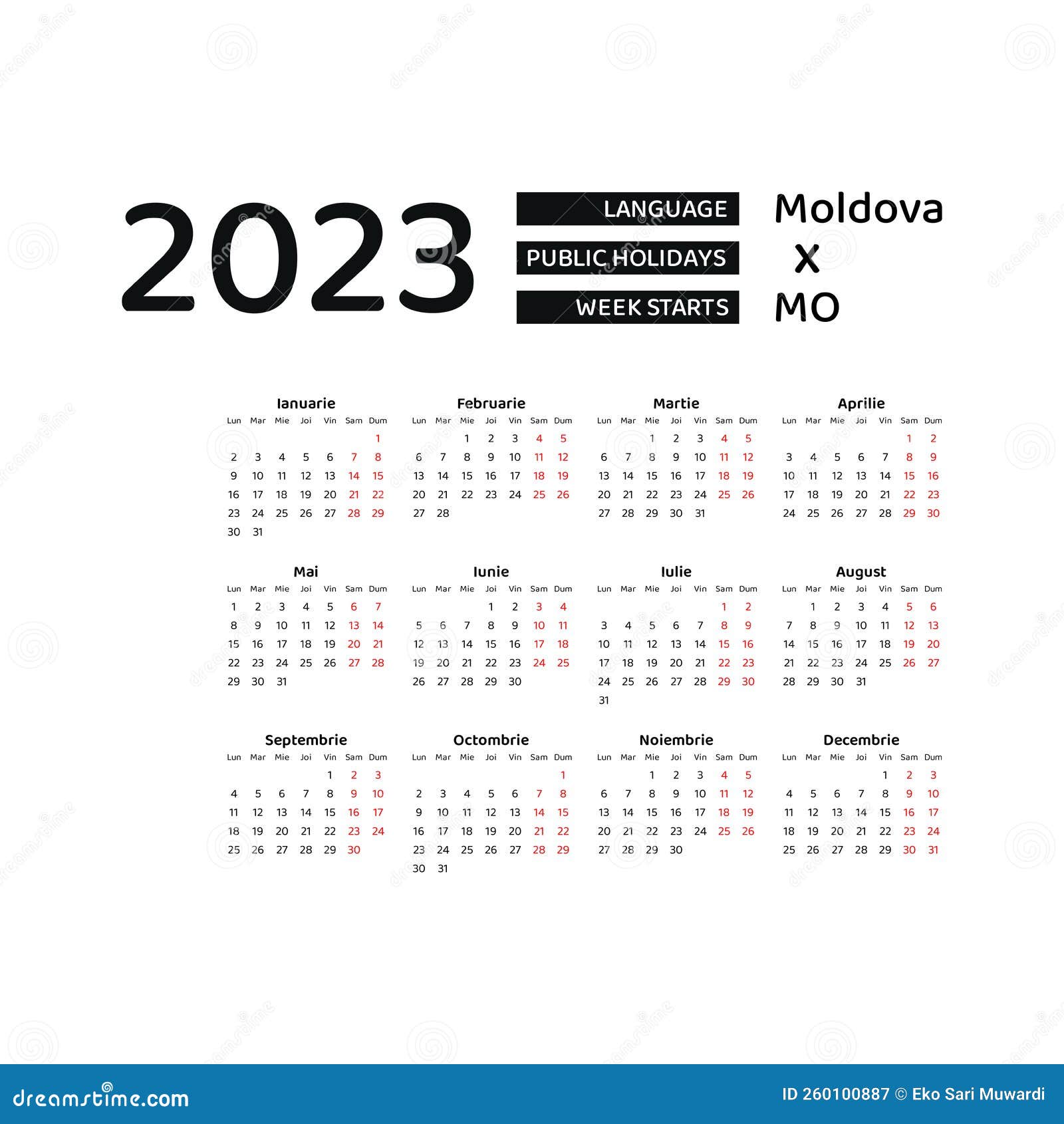 Moldova Calendar 2023. Week Starts from Monday. Vector Graphic Design ...