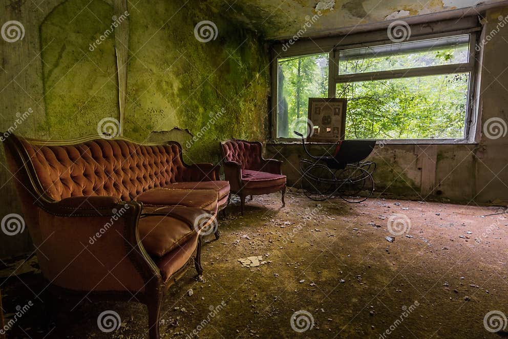 Moldy Room with Sofa and a Stroller Stock Image - Image of oblivion ...