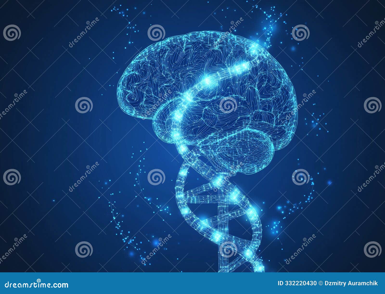 Molecular Helix of DNA and a Brain in Abstract Blue and Purple Colors ...