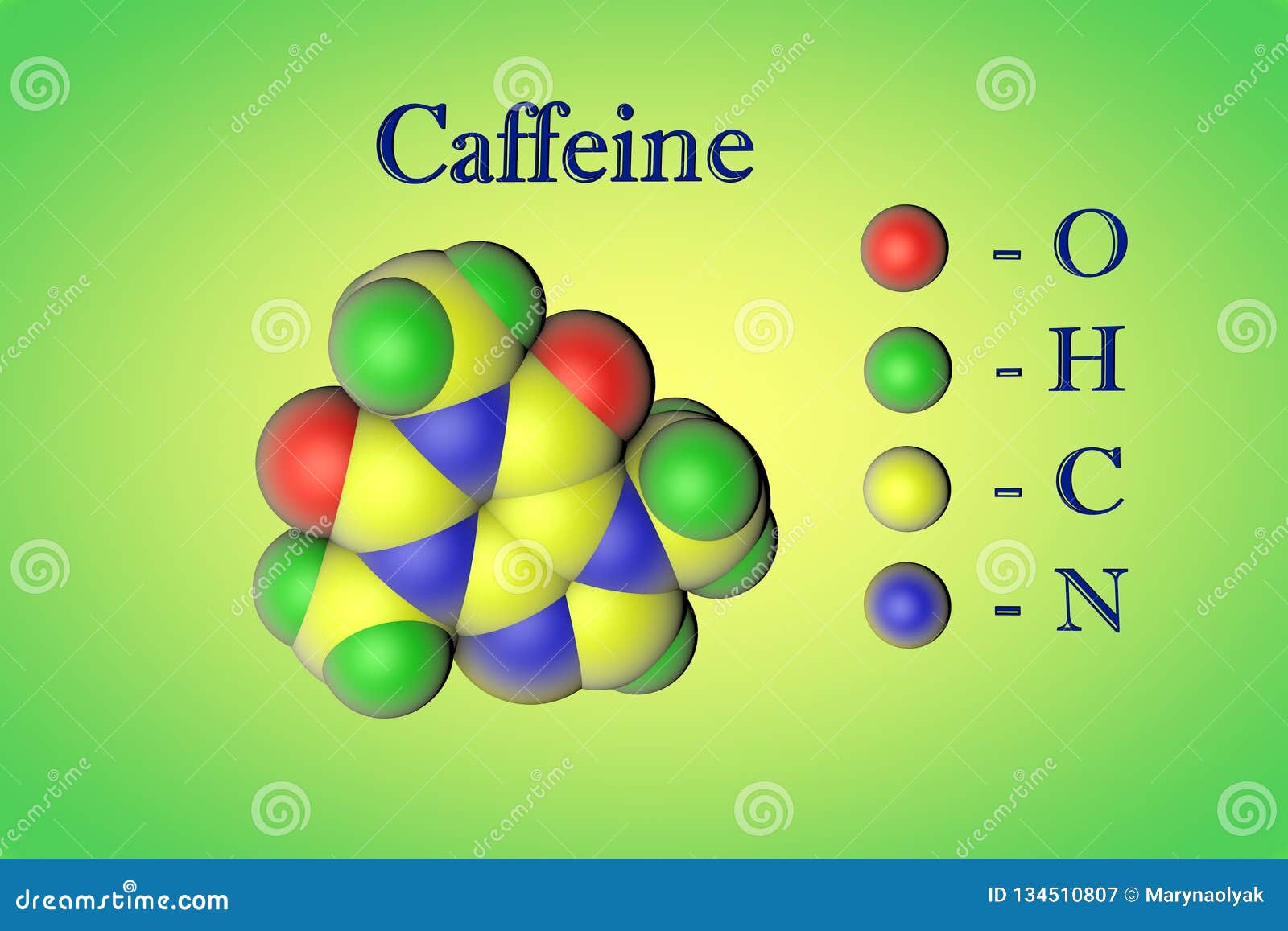 Molecular Model of Caffeine. Atoms are Represented As Spheres with ...