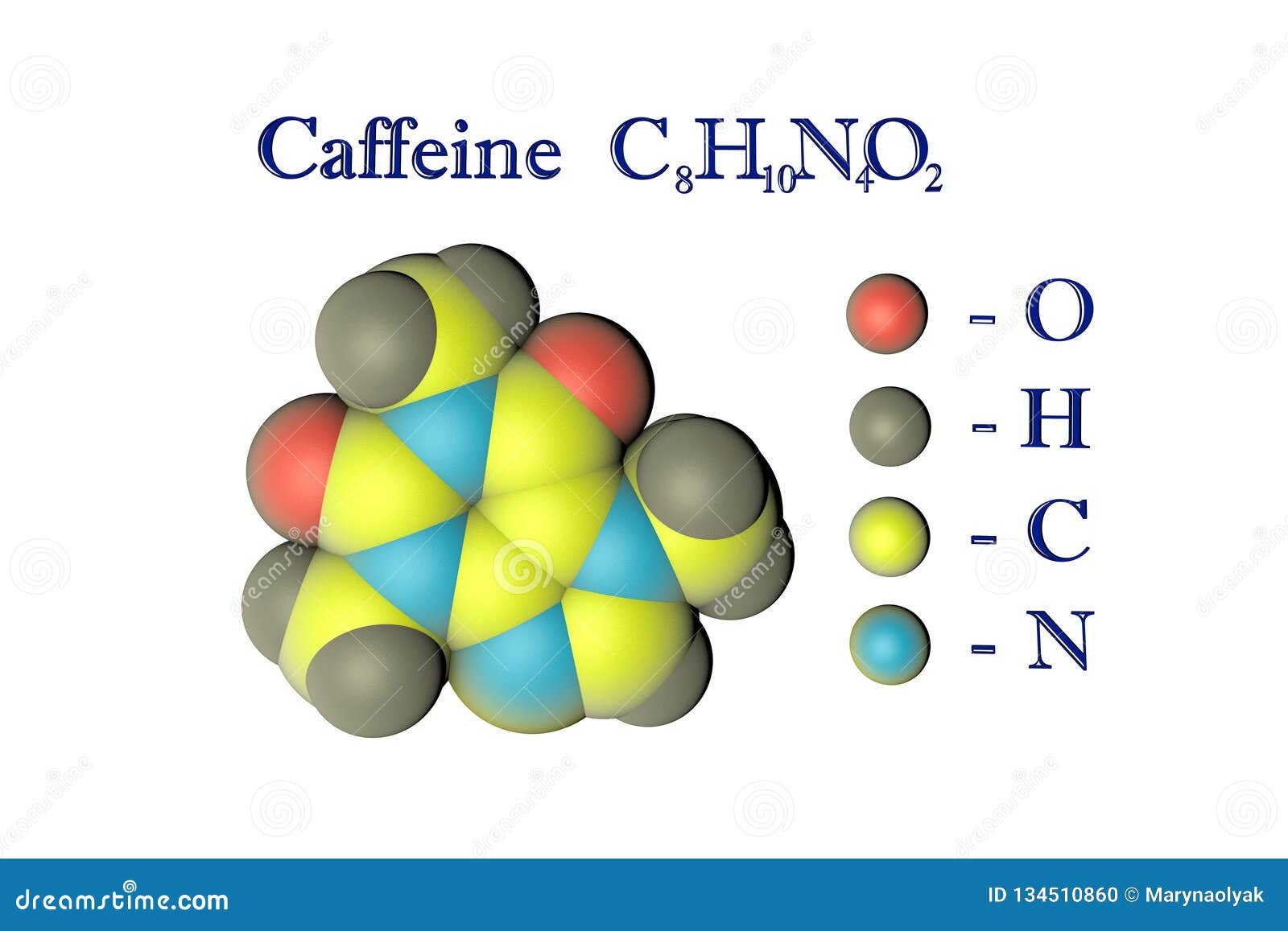 Molecular Model of Caffeine. Atoms are Represented As Spheres with ...