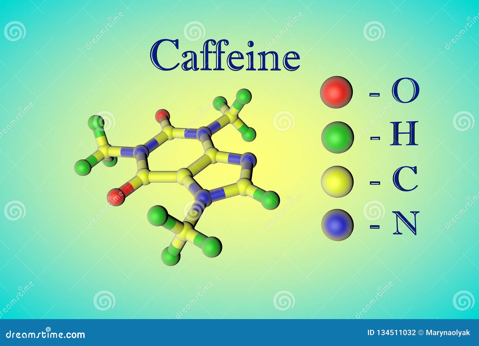Molecular Model of Caffeine. Atoms are Represented As Spheres with ...