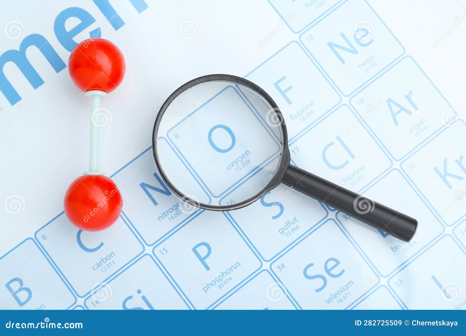 Molecular Model and Magnifying Glass on Periodic Table of Chemical ...