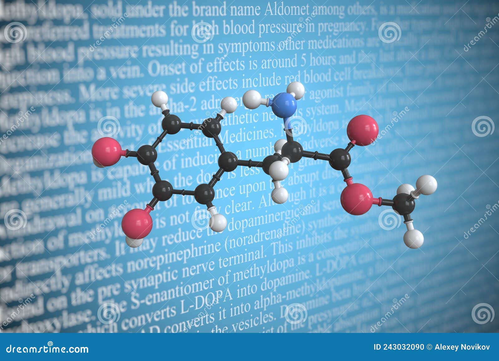 Molecular Model of Methyldopa, 3D Rendering Stock Illustration ...