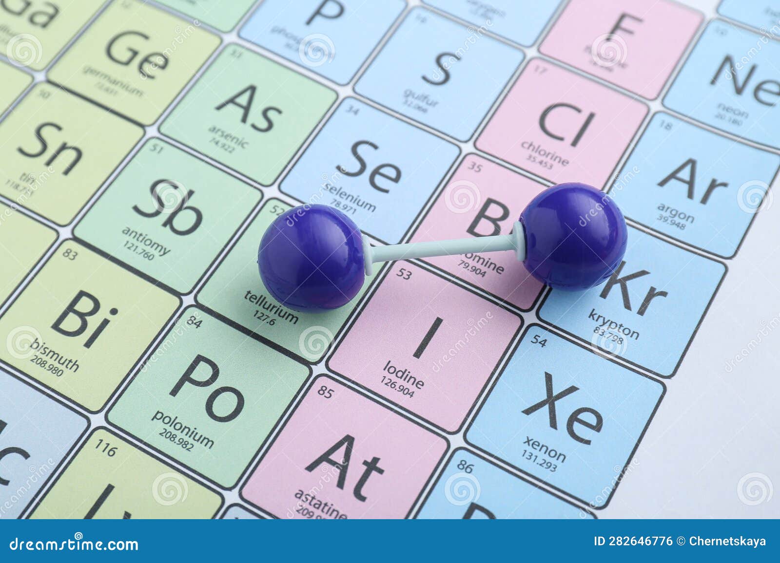 Molecular Model on Periodic Table of Chemical Elements, Closeup Stock ...