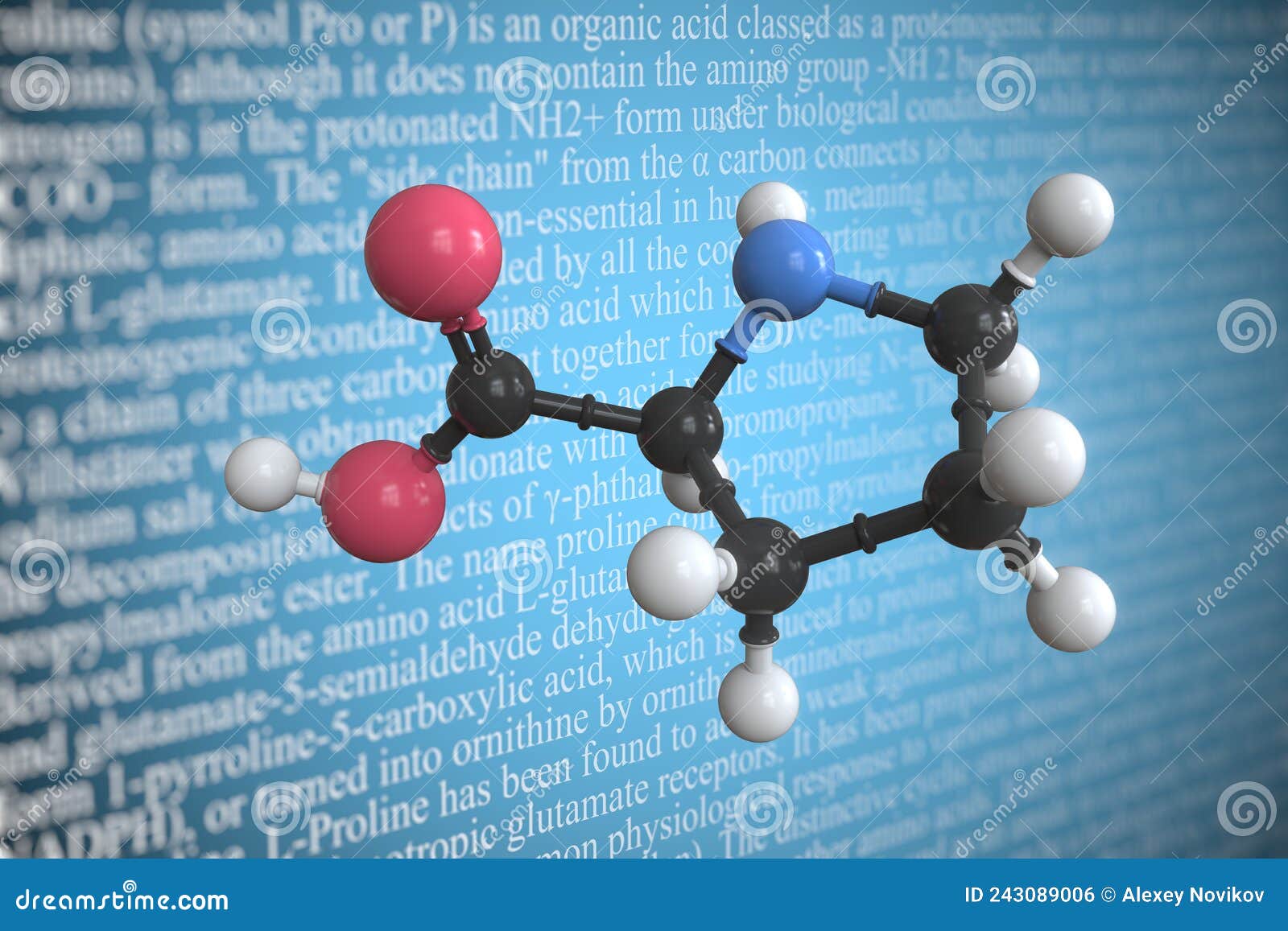 Molecular Model of Proline, 3D Rendering Stock Illustration ...