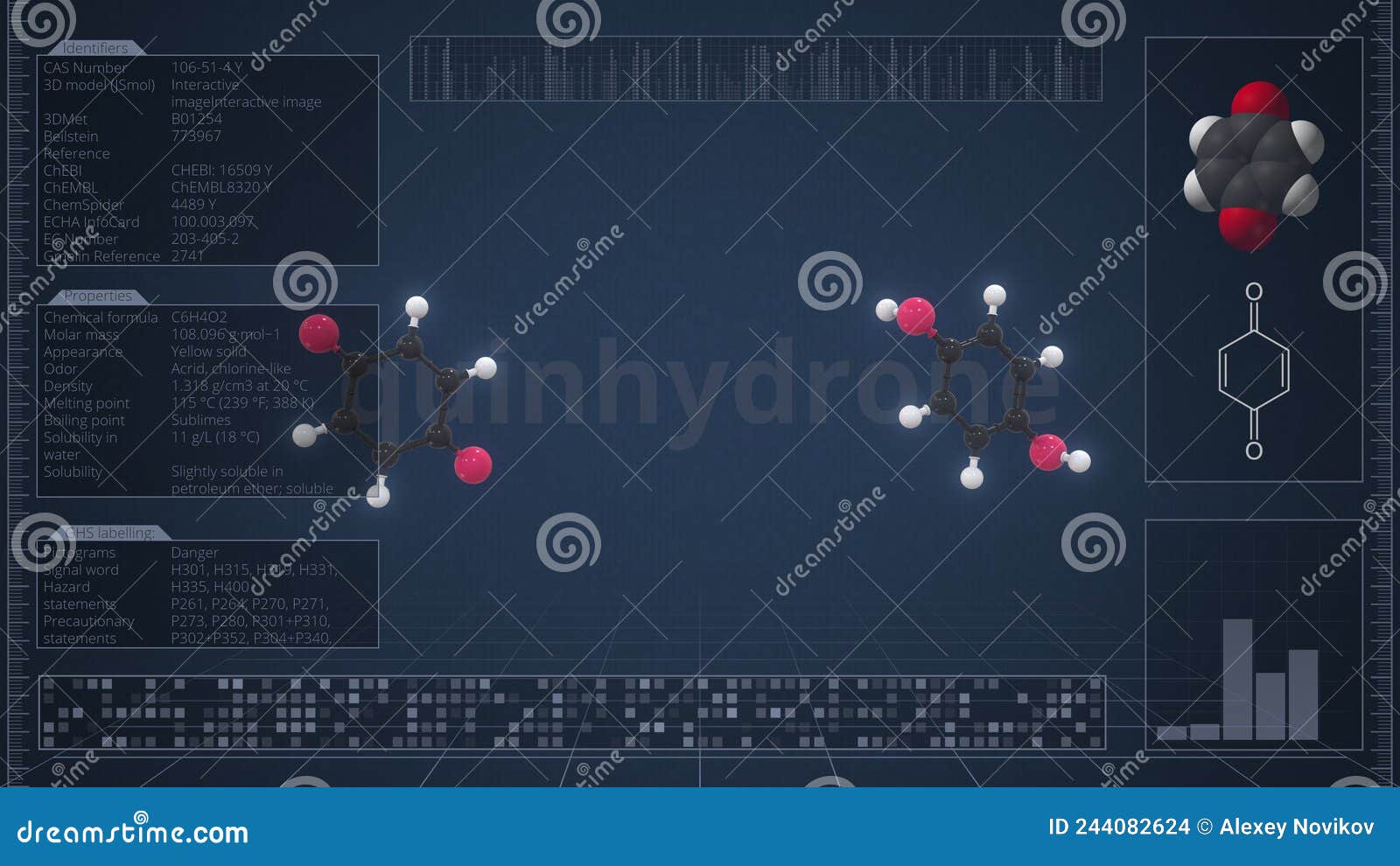 Molecule of Quinhydrone with Infographics on the Computer Monitor, 3d ...