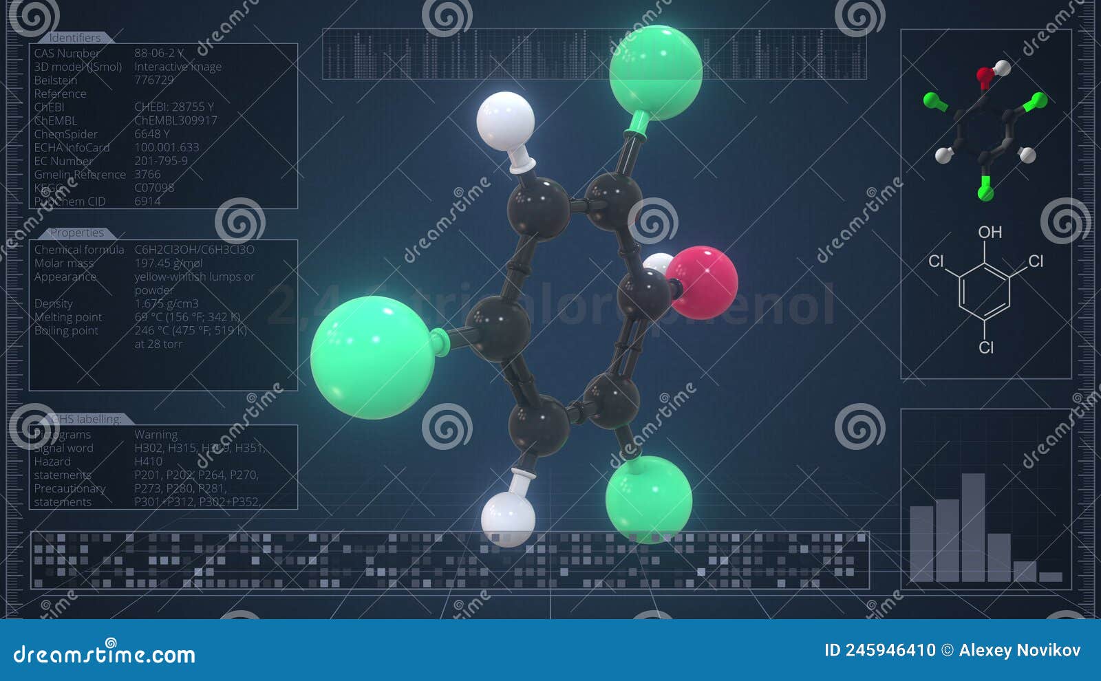 Molecule of 2,4,6-trichlorophenol with Infographics on the Computer ...