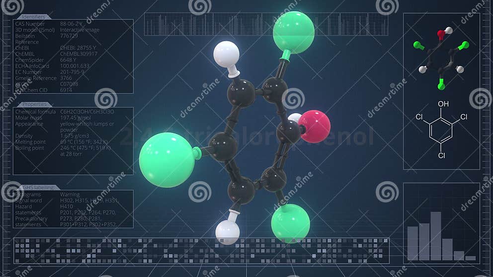 Molecule of 2,4,6-trichlorophenol with Infographics on the Computer ...