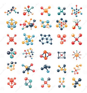 Molecules Cartoon Vector Set. Atoms Protons Neutrons Cell Connections ...