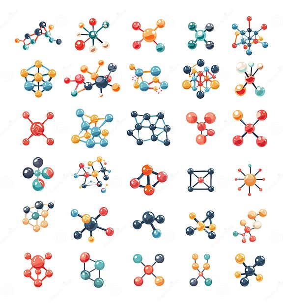 Molecules Cartoon Vector Set. Atoms Protons Neutrons Cell Connections ...