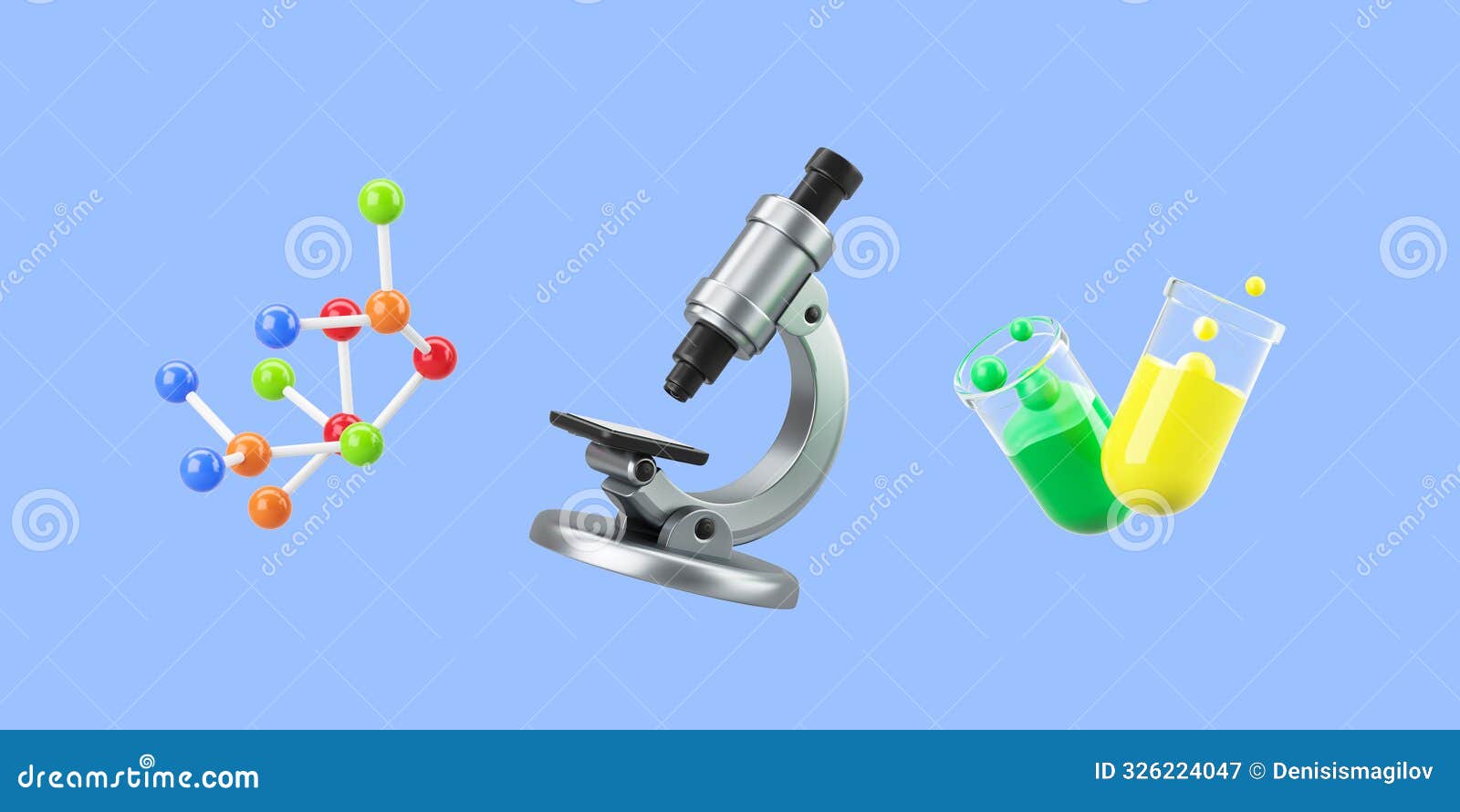 Molecules, Microscope and Flasks with Liquid Set in Row Stock ...