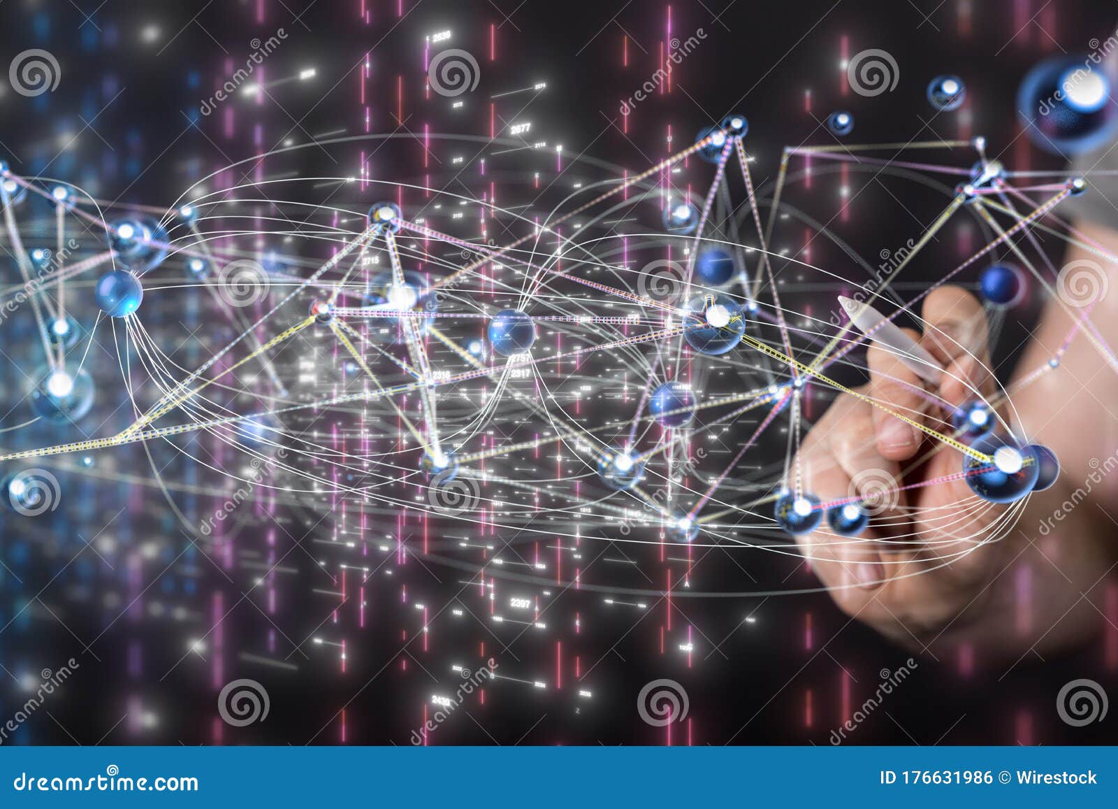 A Molecules Technology with Polygonal Shapes on Dark Blue Background ...