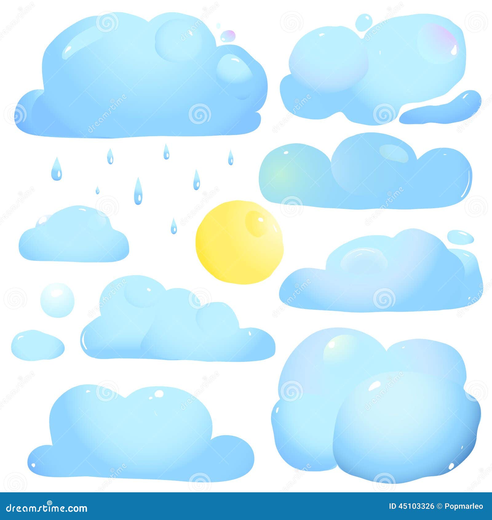 Moln sol och regndroppar vektor illustrationer. Illustration av droppar ...