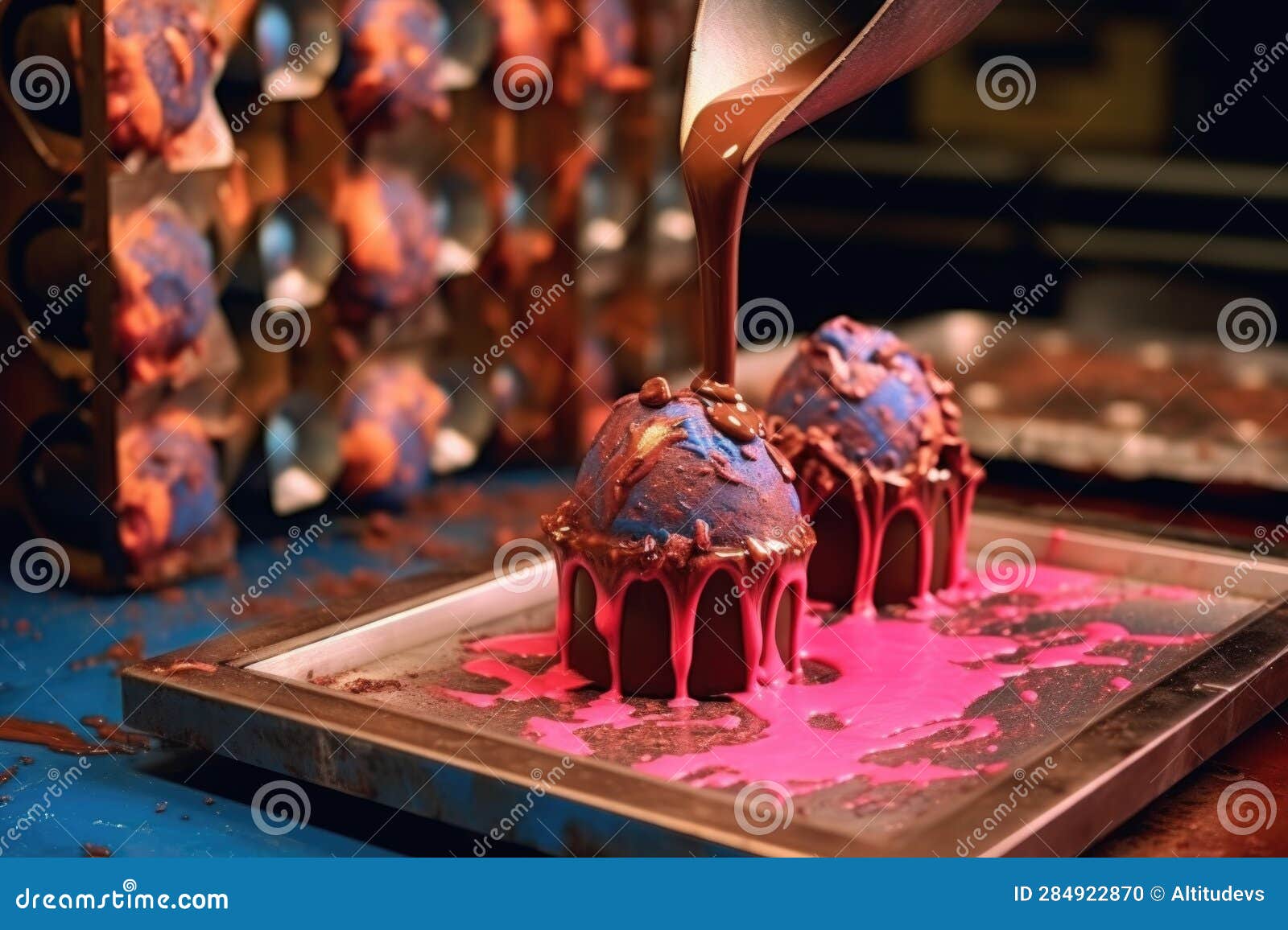 Molten Chocolate Being Poured into Candy Molds Stock Photo - Image of ...