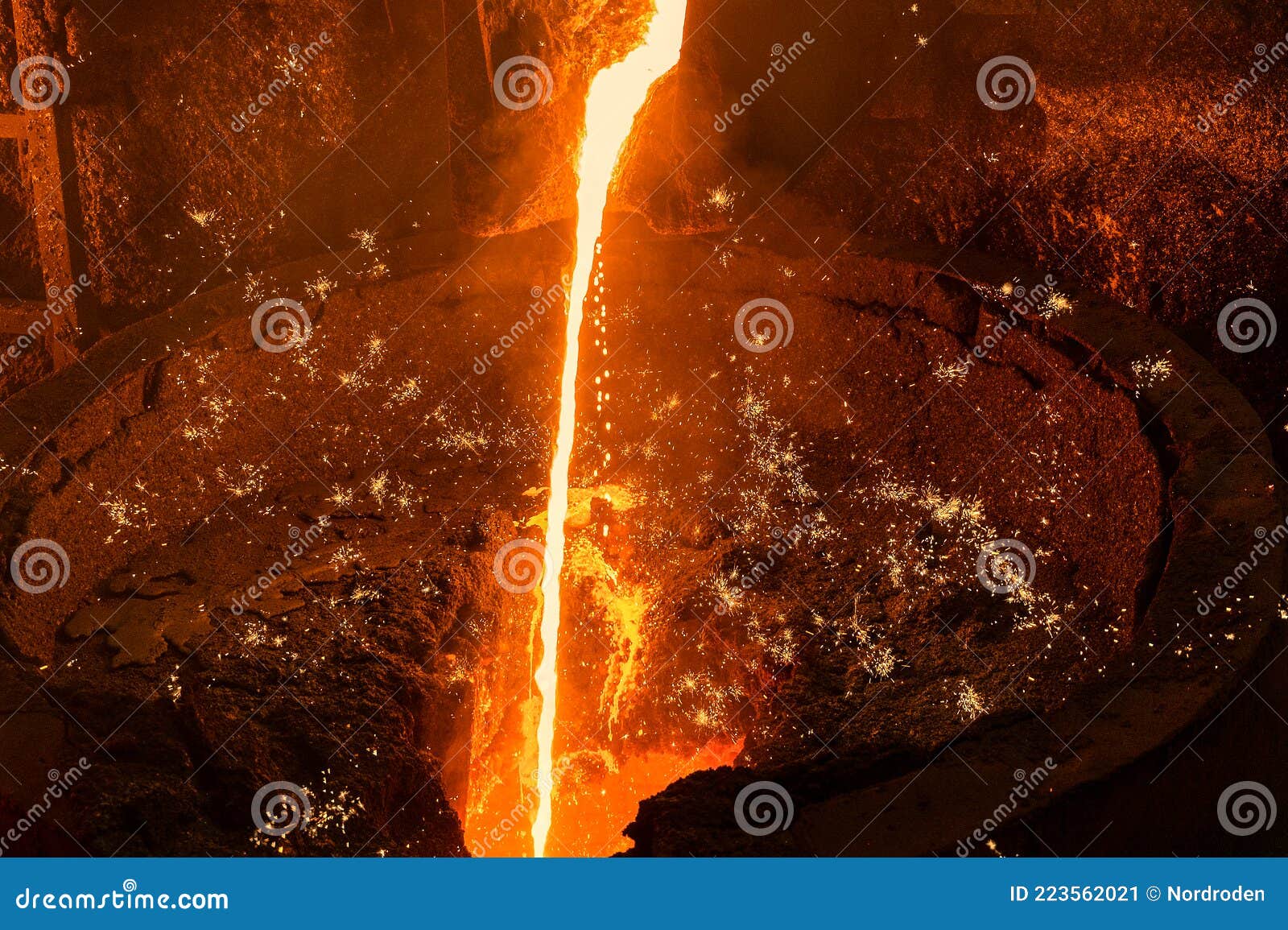 Molten Iron Flow. Liquid Metal is Poured into the Ladle in a Thin ...