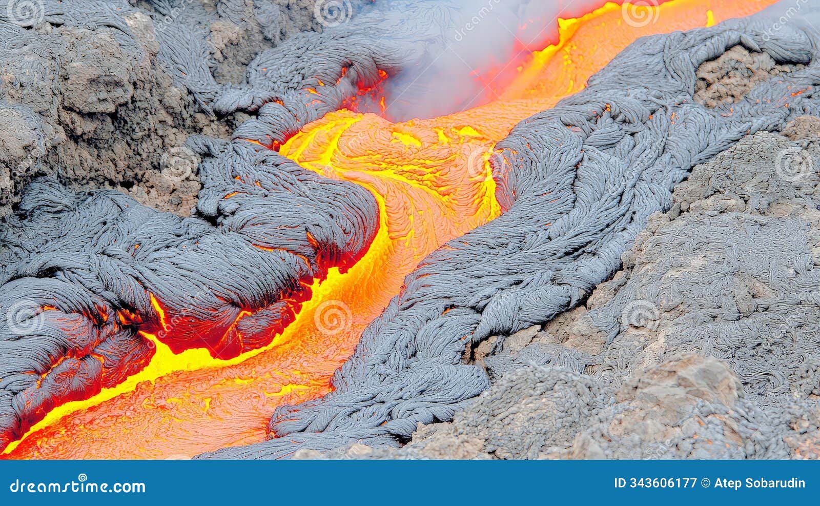 Molten Lava Flows through a Channel of Hardened Lava, Creating a ...