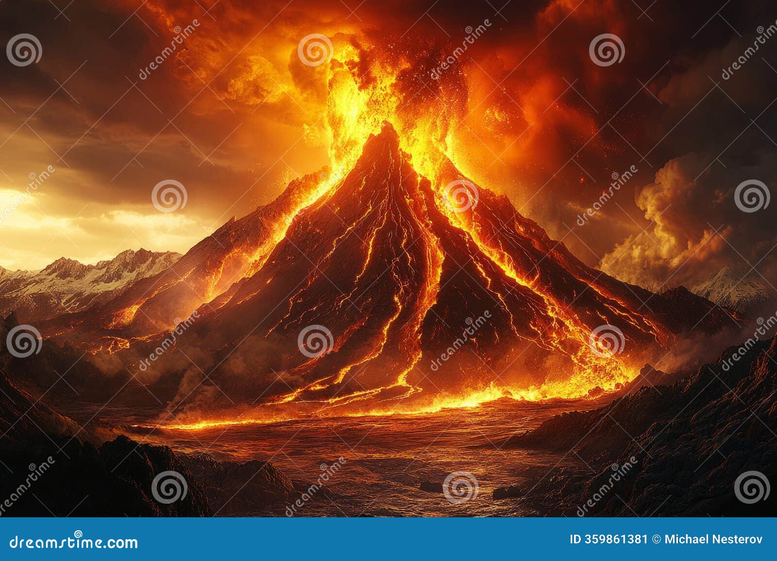 Molten Lava Flows Down the Side of an Erupting Volcano, Creating a ...