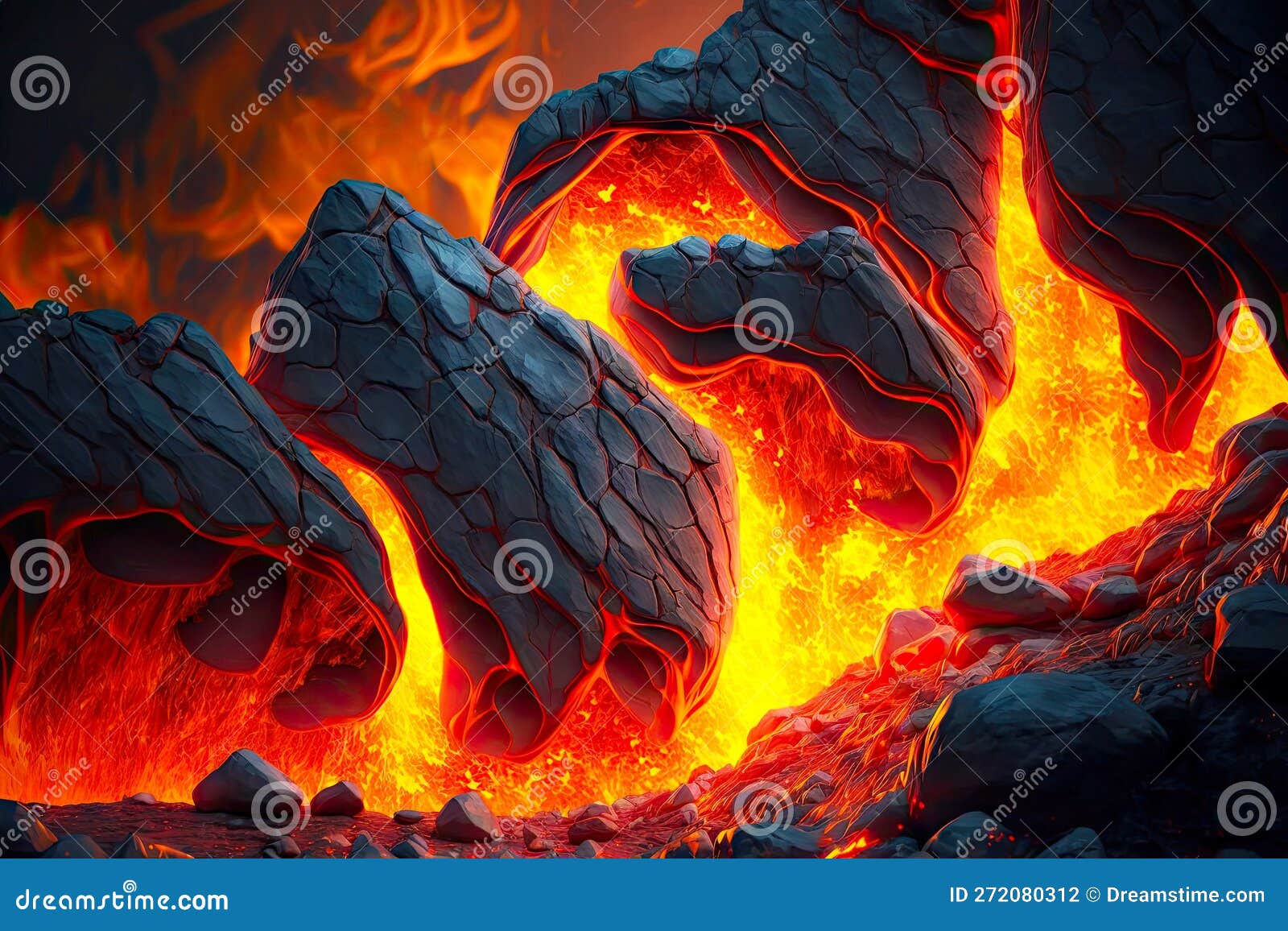 Molten Magma Flows with Rocks and Fire in Lava Texture Stock ...