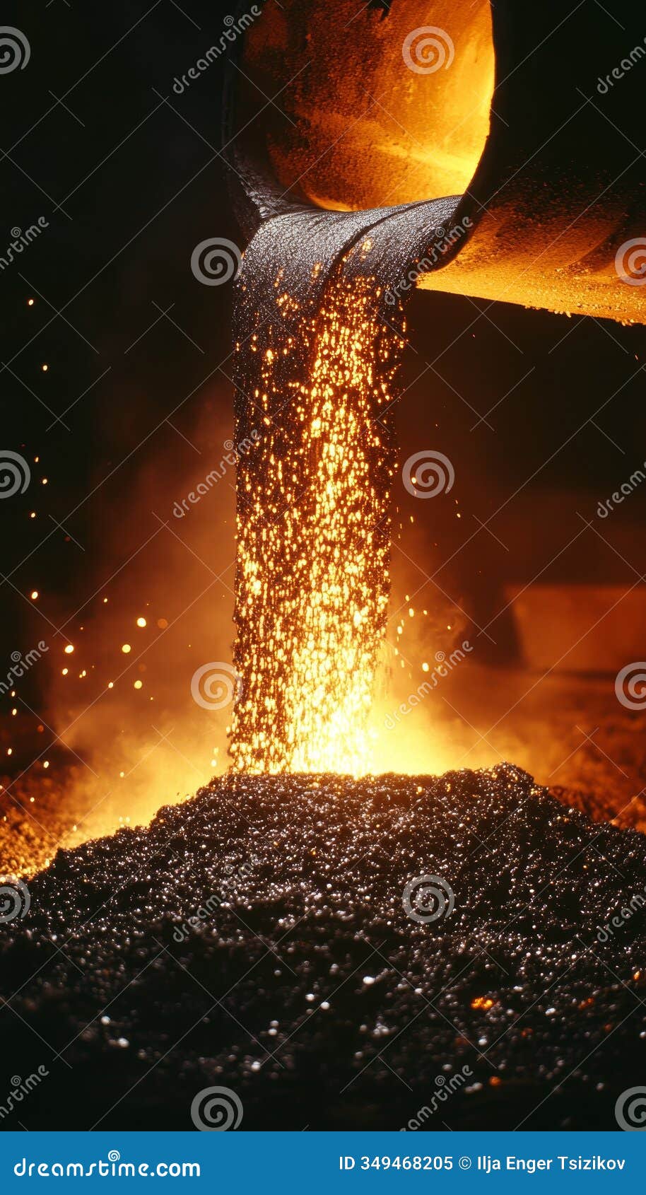 Molten Metal Pour Fiery Cascade Flows into Foundry Mold during ...